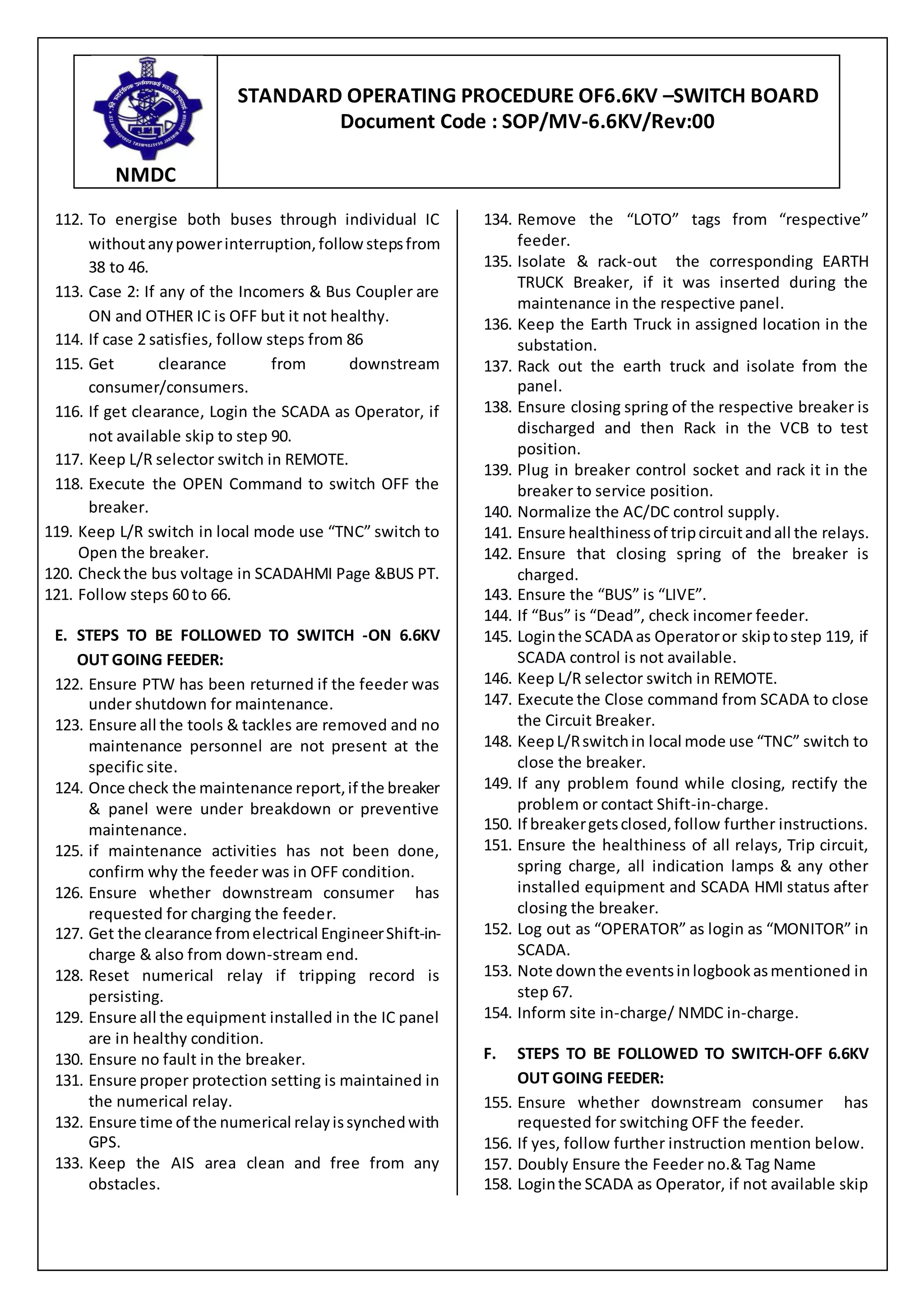 Sop 6.6 kv switchboard | DOCX