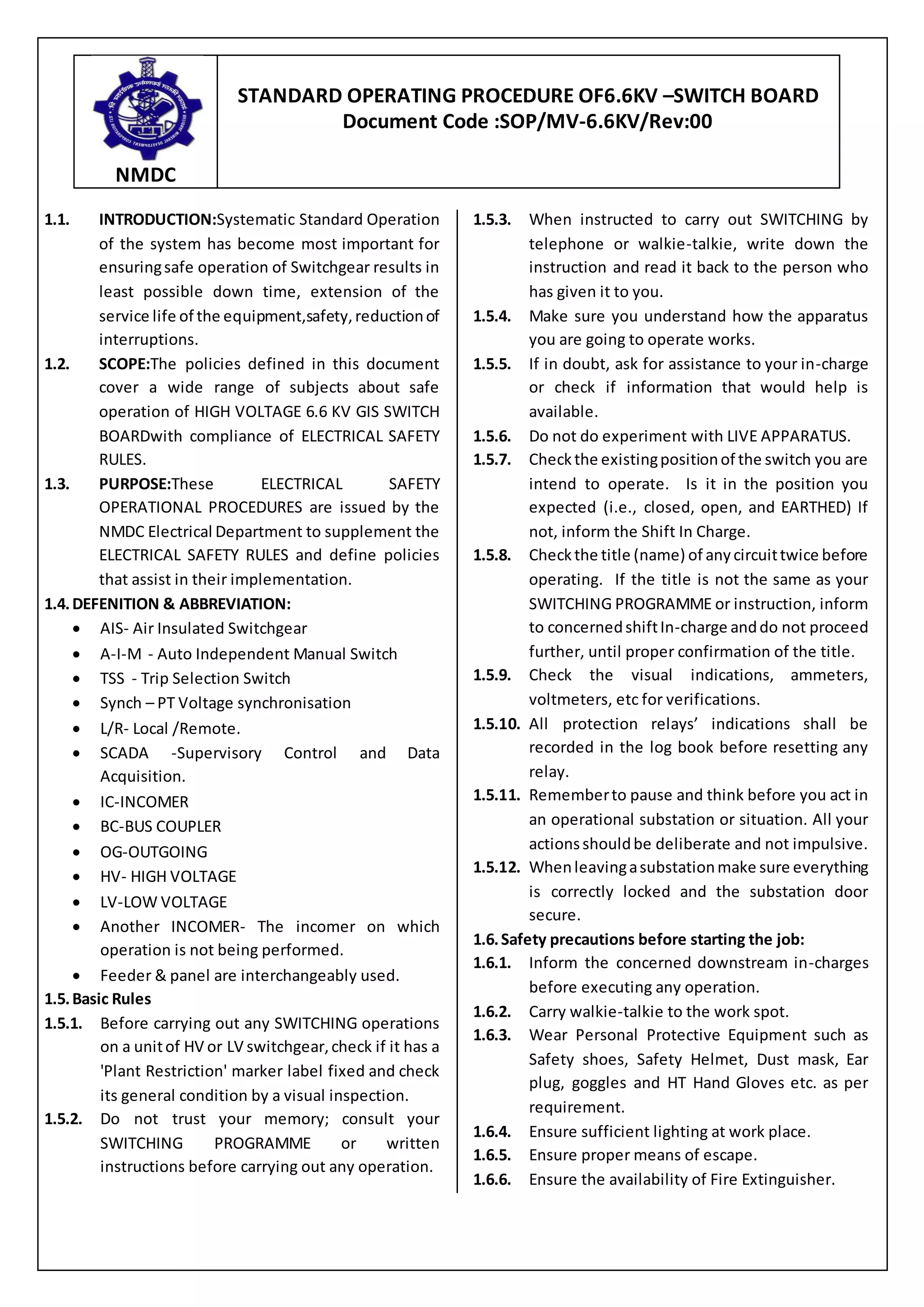 Sop 6.6 kv switchboard | DOCX