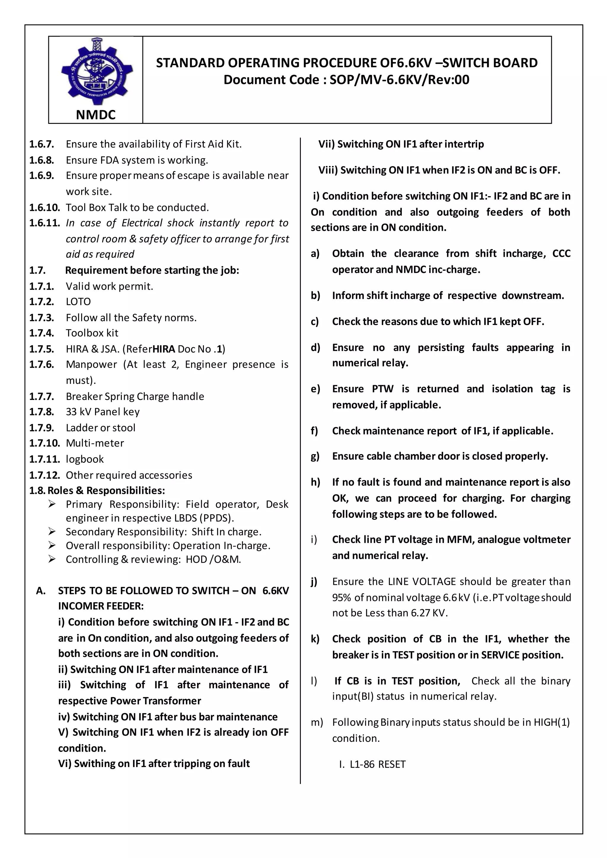 Sop 6.6 kv switchboard | DOCX
