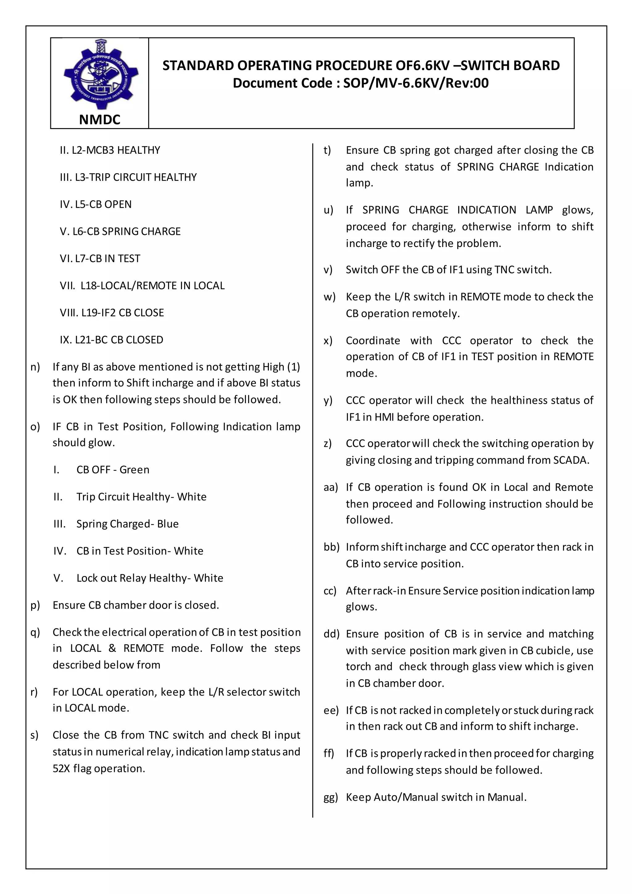 Sop 6.6 kv switchboard | DOCX