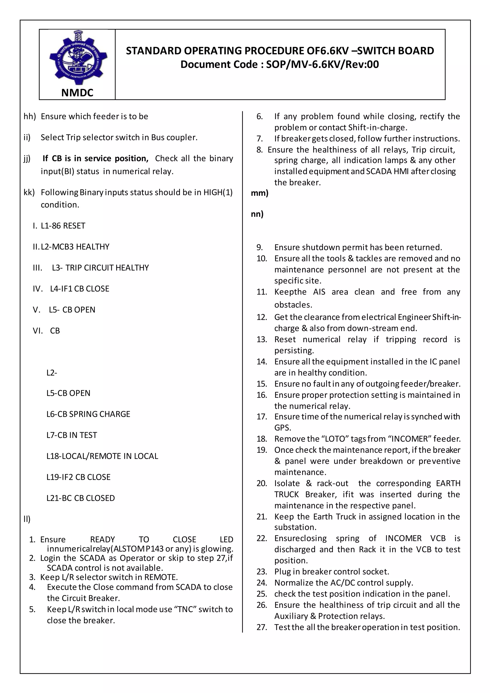 Sop 6.6 kv switchboard | DOCX