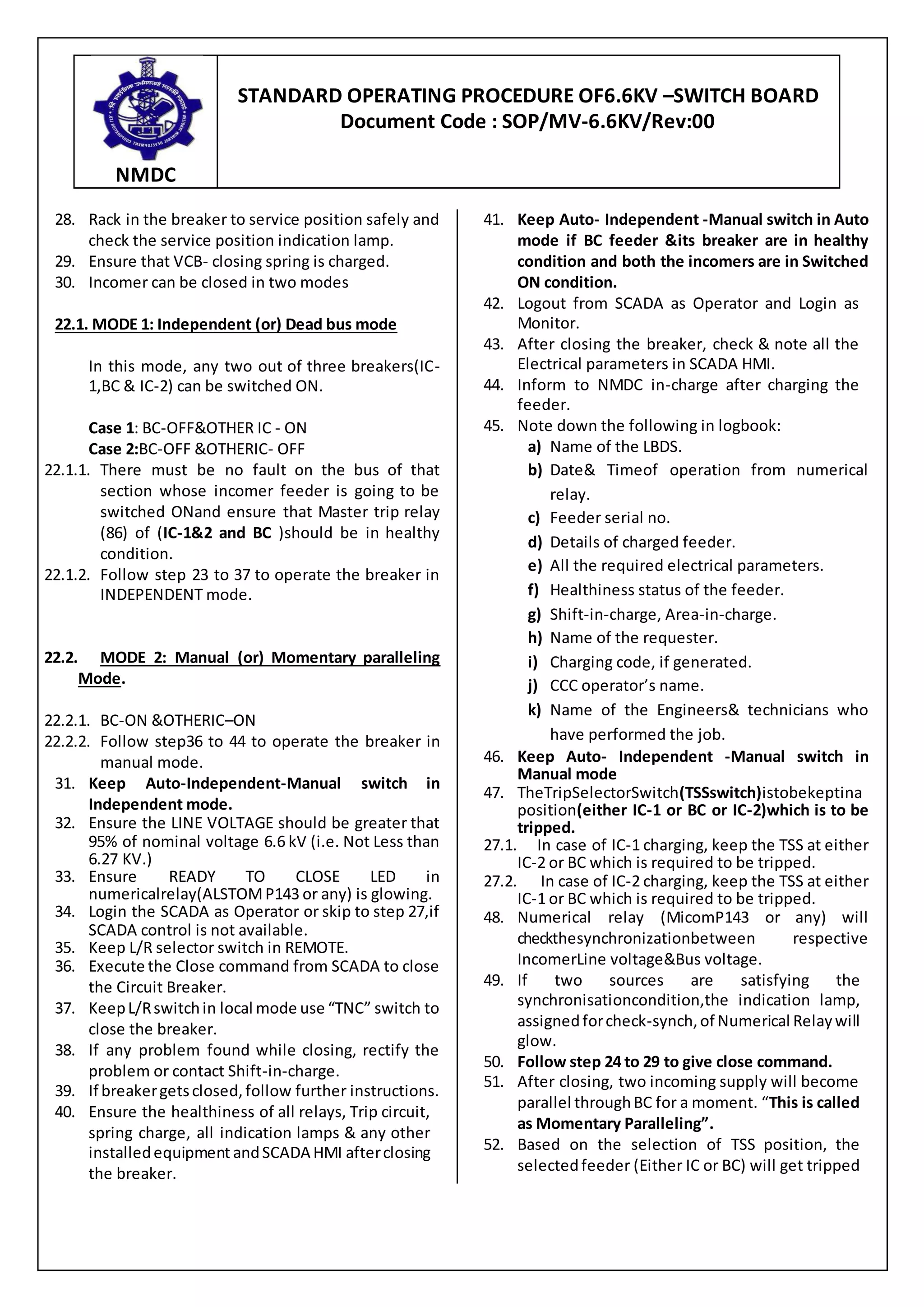 Sop 6.6 kv switchboard | DOCX
