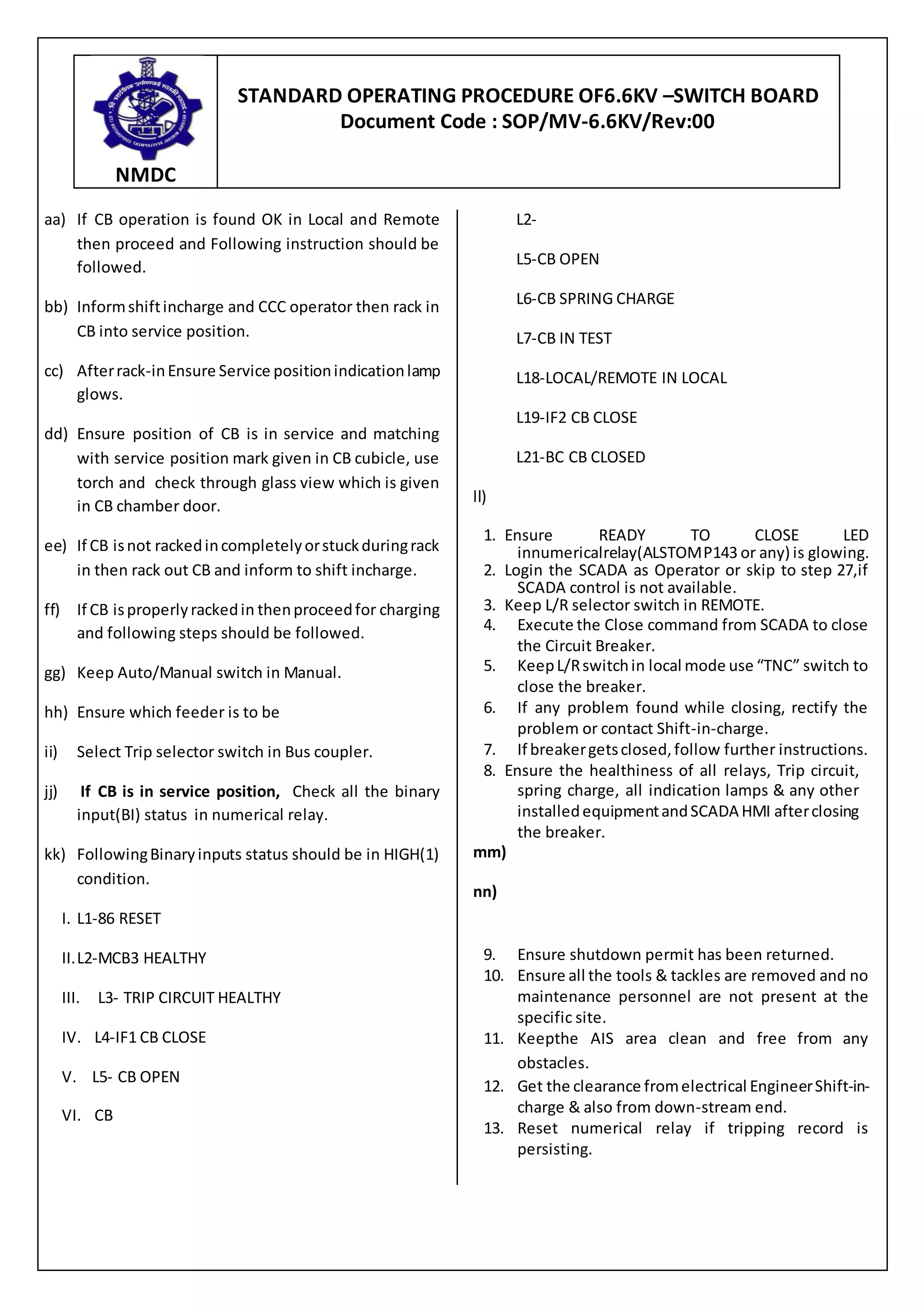 Sop 6.6 kv switchboard edited | DOCX