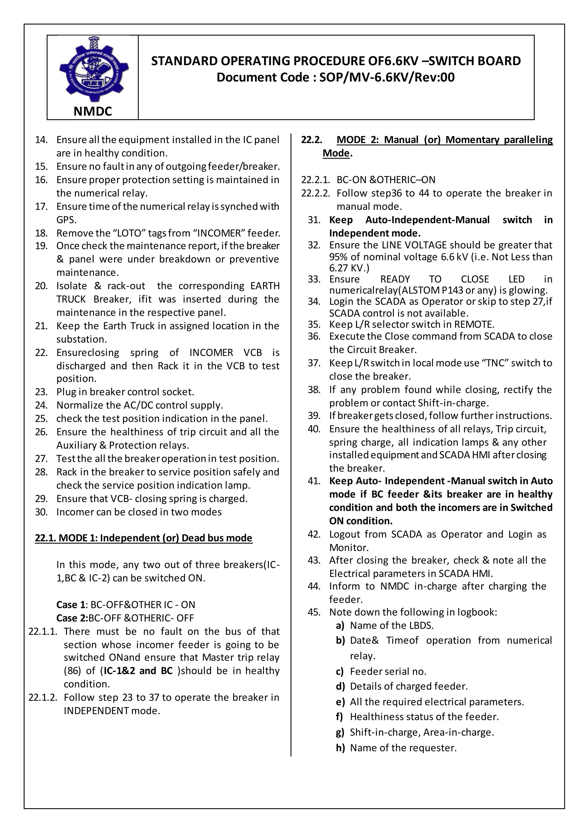 Sop 6.6 kv switchboard edited | DOCX
