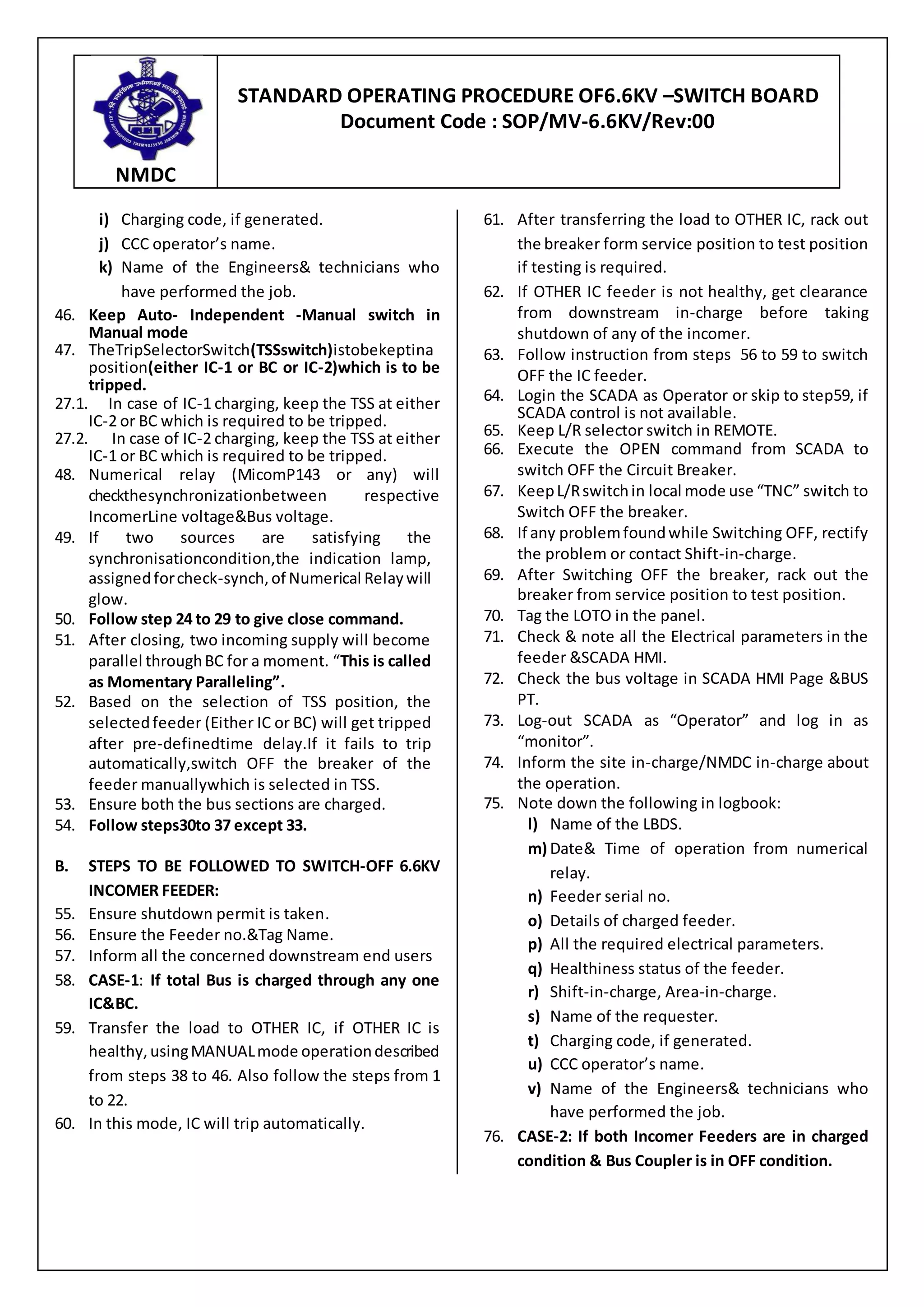 Sop 6.6 kv switchboard edited | DOCX