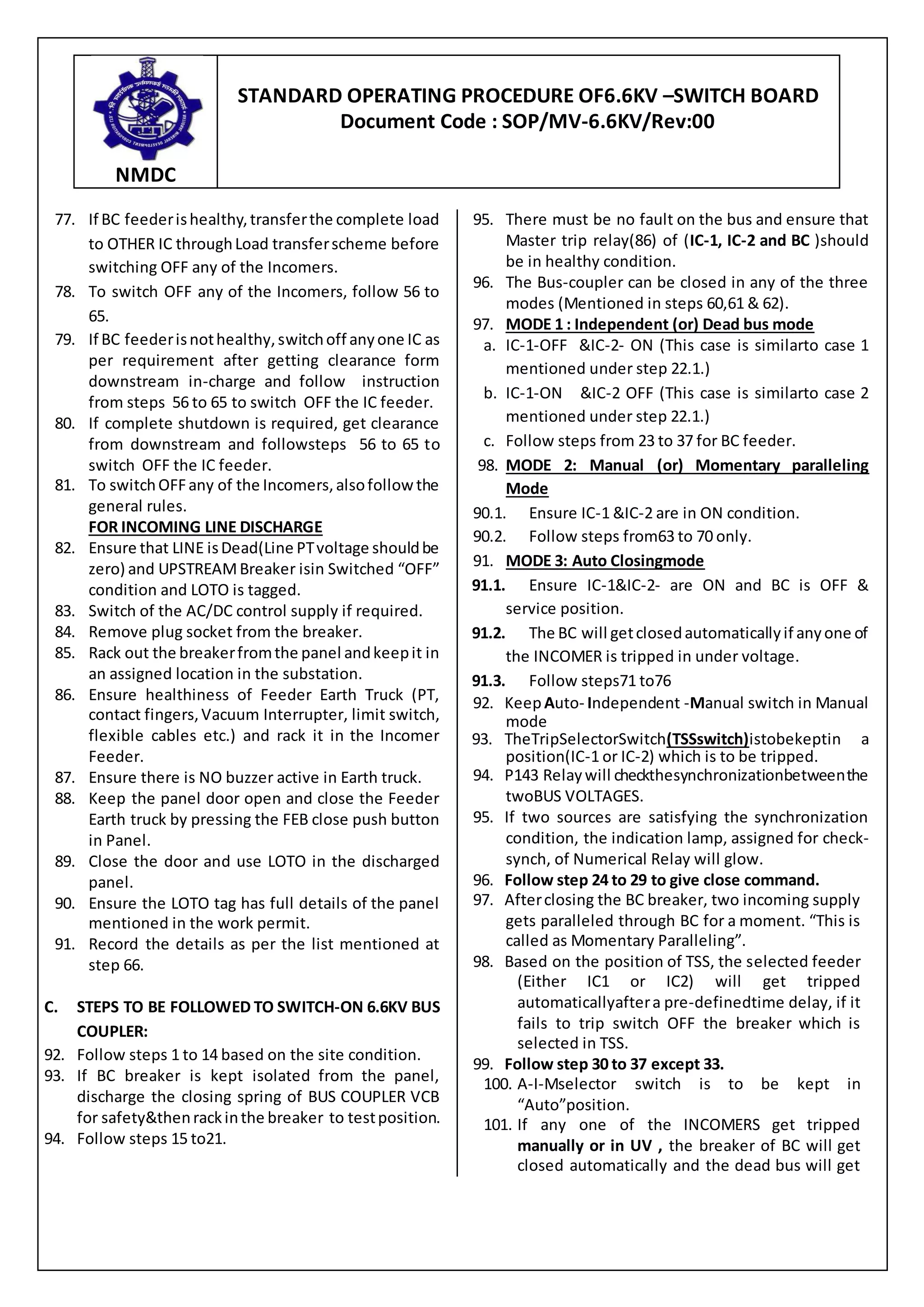 Sop 6.6 kv switchboard edited | DOCX