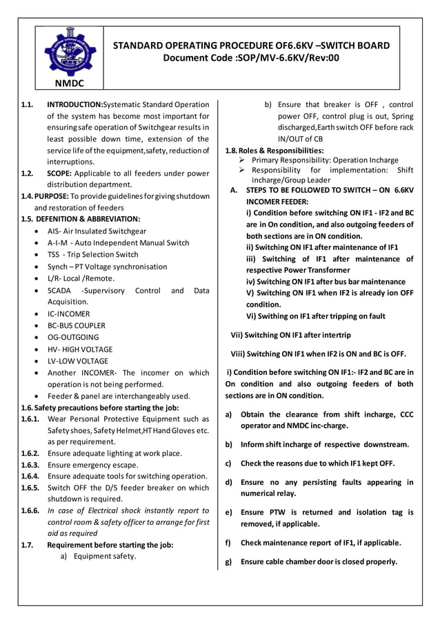 Sop 6.6 kv switchboard edited | DOCX