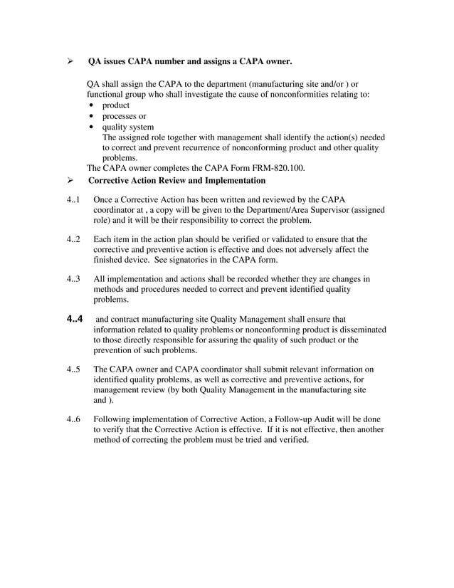 Sop 820 capa procedure corrective preventive action med dev | PDF