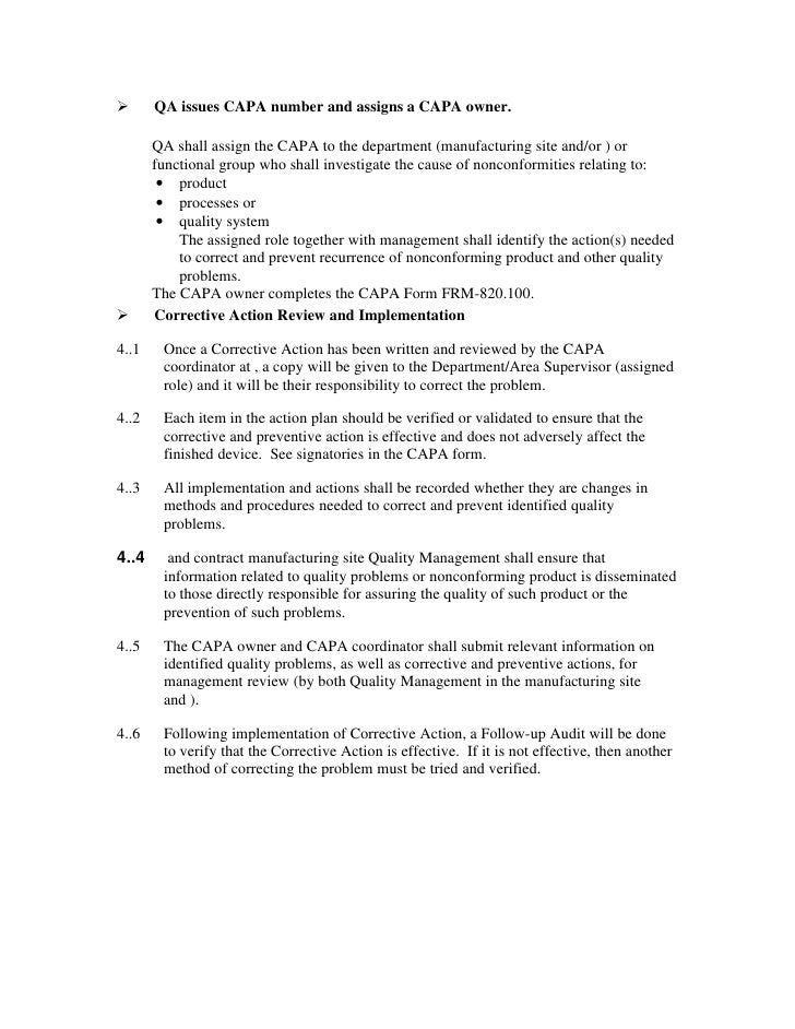 Sop 820 capa procedure corrective preventive action med dev