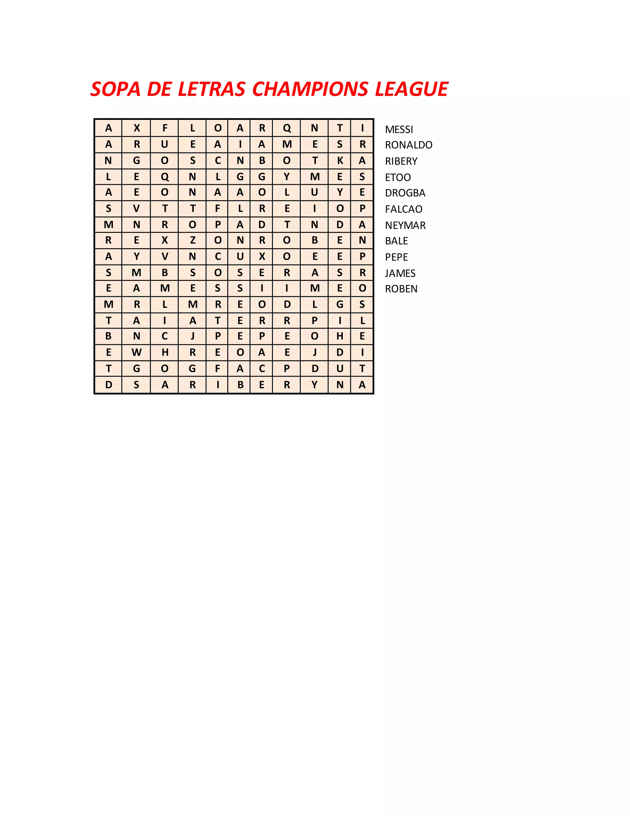 Sopa de letras champions league | DOCX