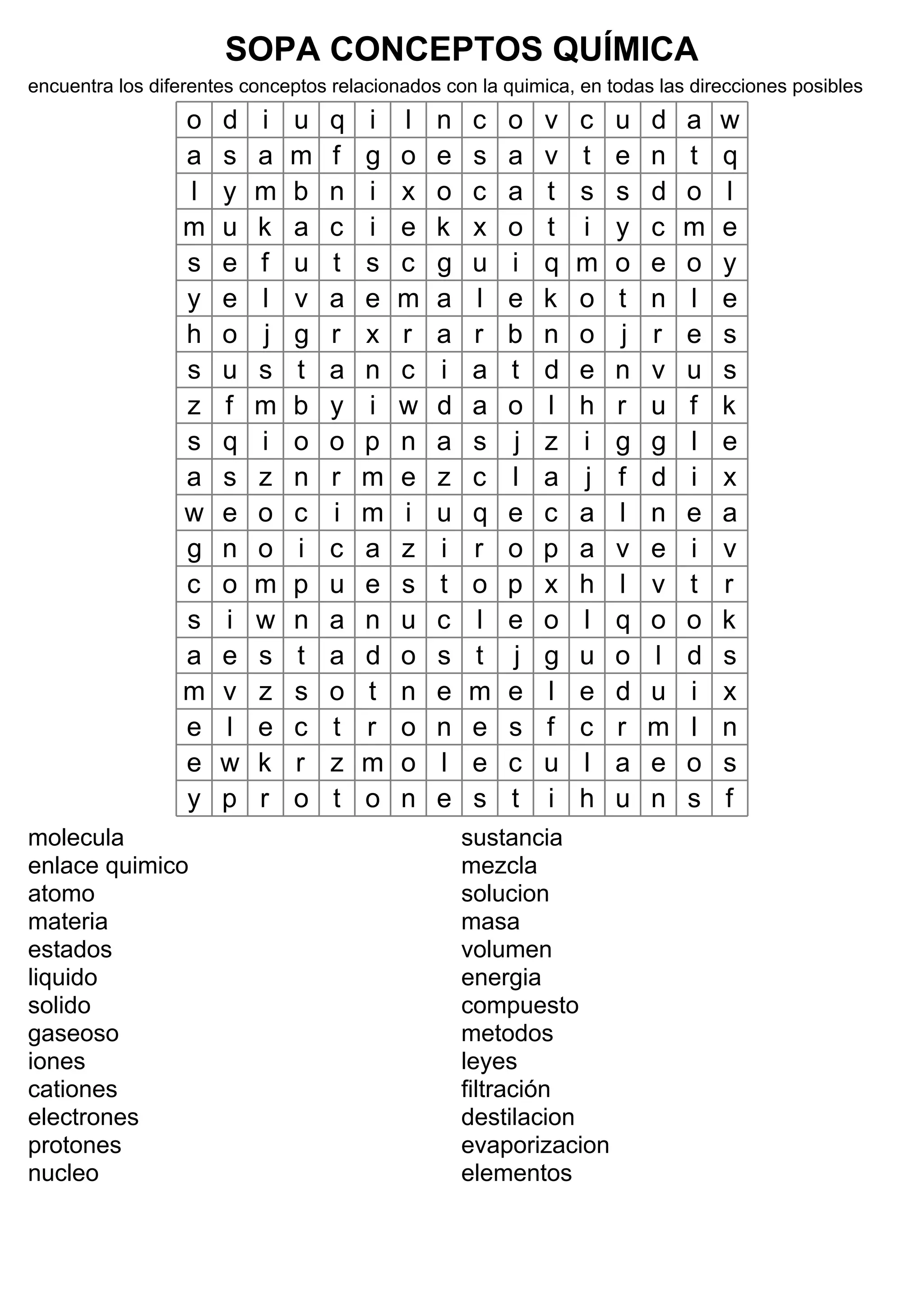 Sopa de letras conceptos quimica | PDF