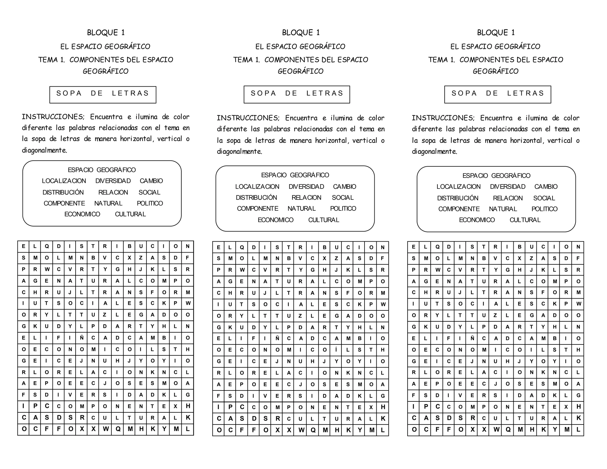 Sopa de letras de componentes del espacio geografico | DOCX
