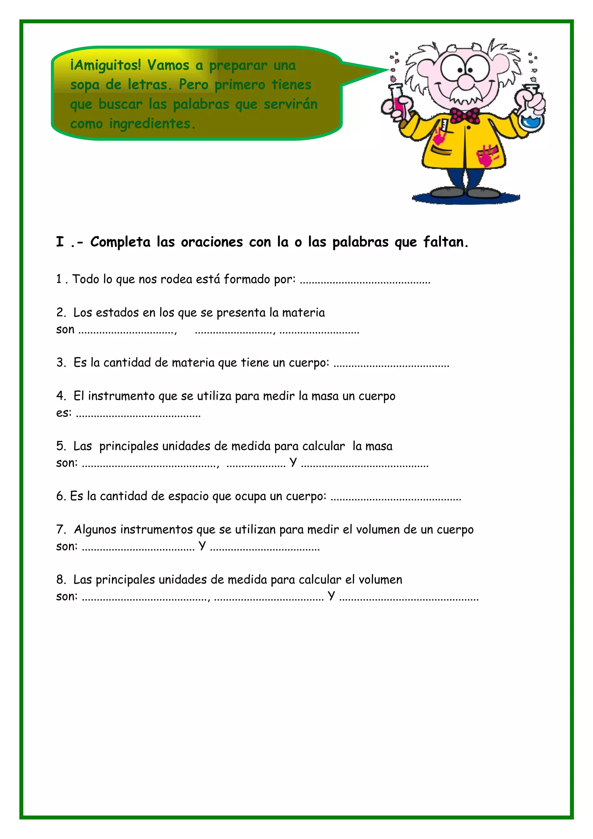 Sopa de letras estados de la materia | DOC