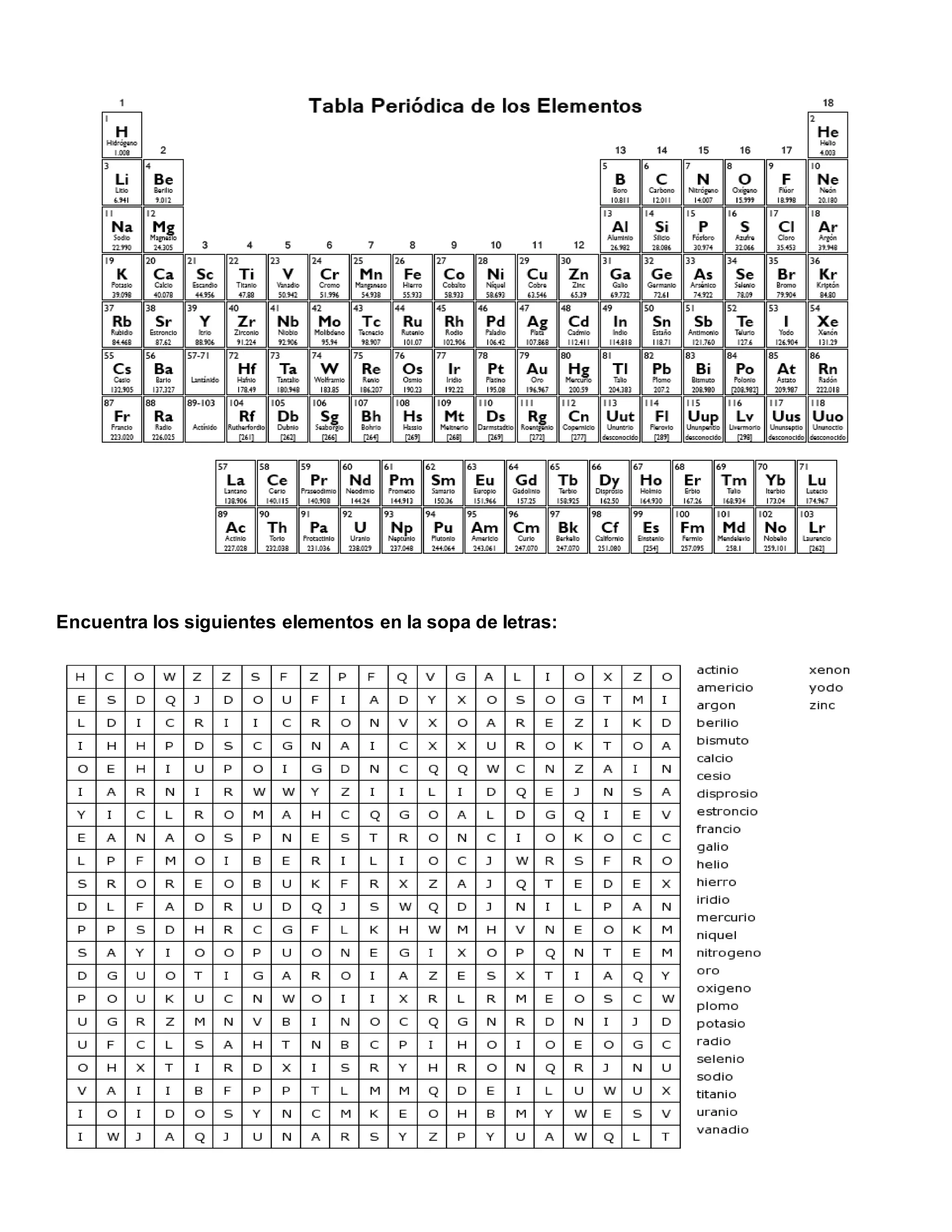 Sopa de letras elementos quimicos | DOCX