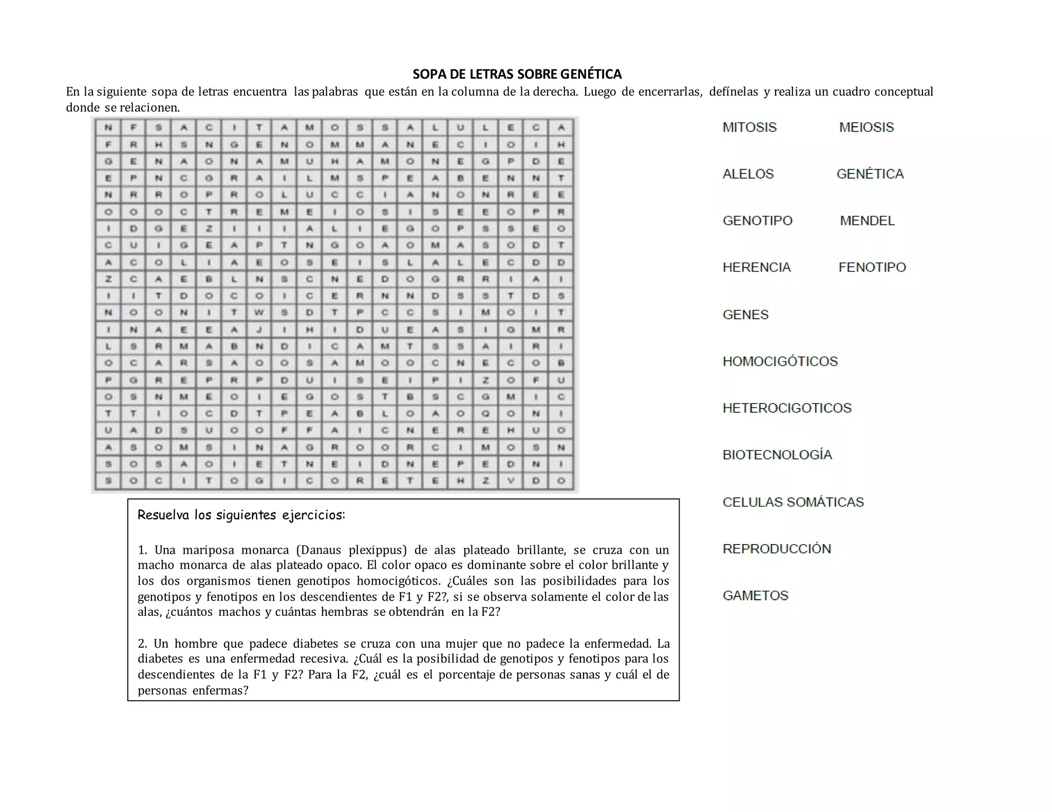 Sopa de letras sobre genética | DOCX