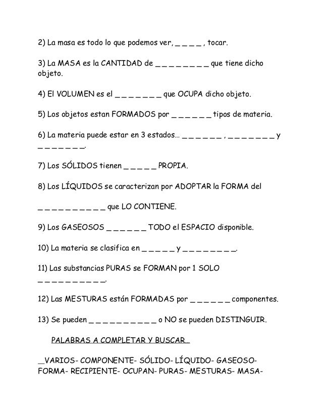 Sopa de letras sobre la materia