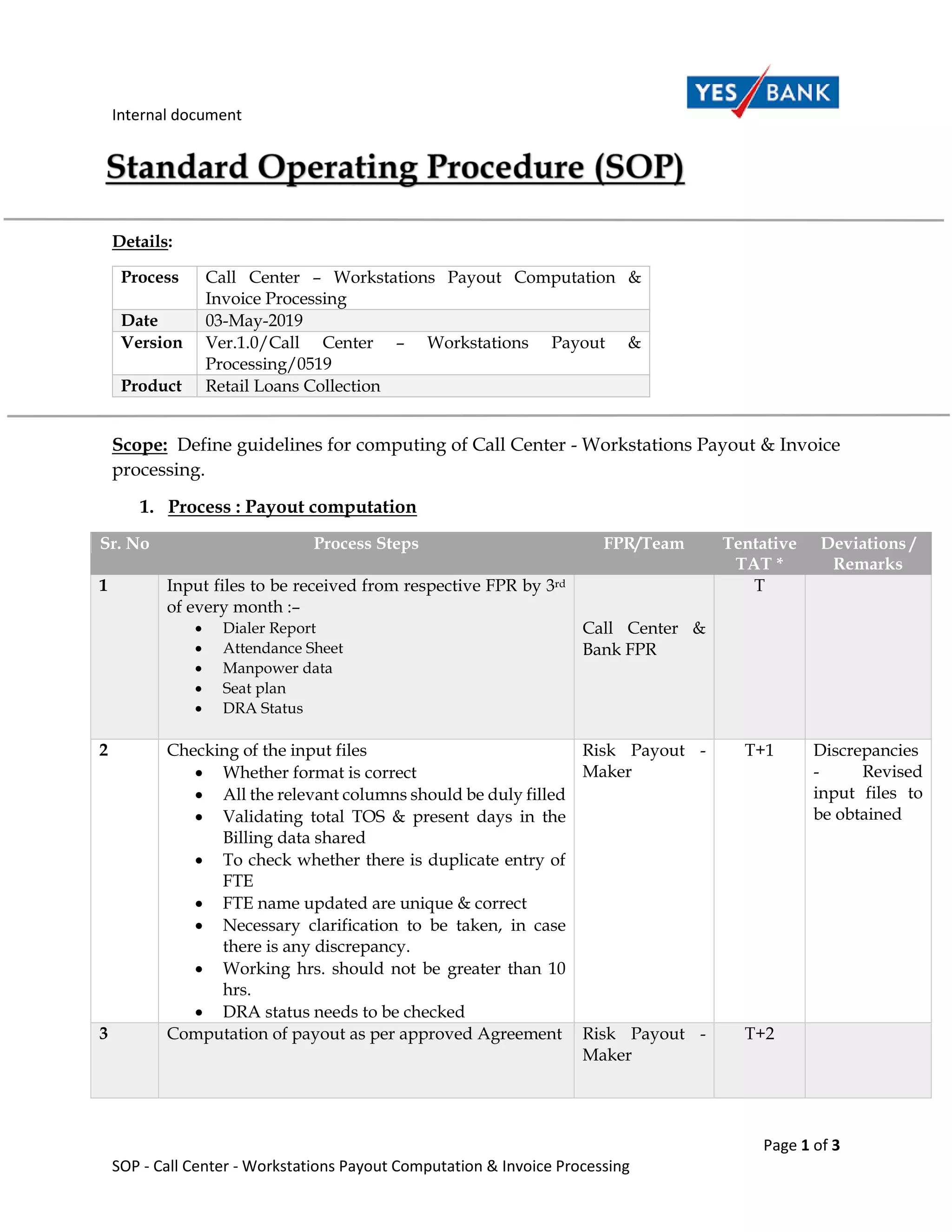 Sop call center payout computation invoice processing version 1.0 | PDF