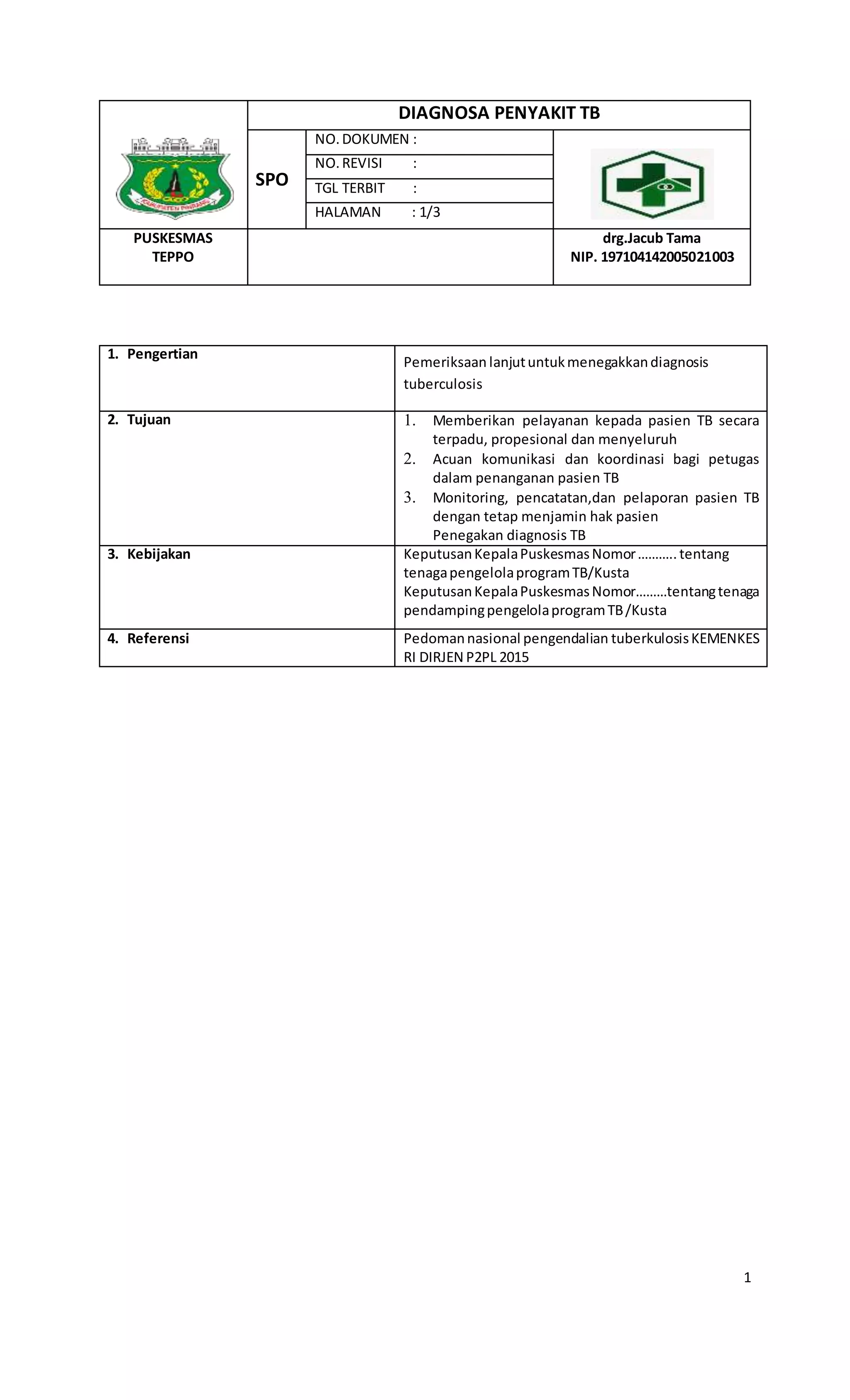 Sop diagnosa penyakit tb | DOCX
