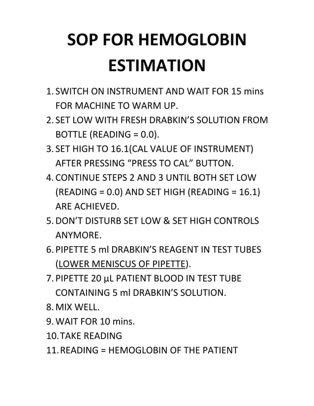Sop For Hemoglobin Estimation | PDF