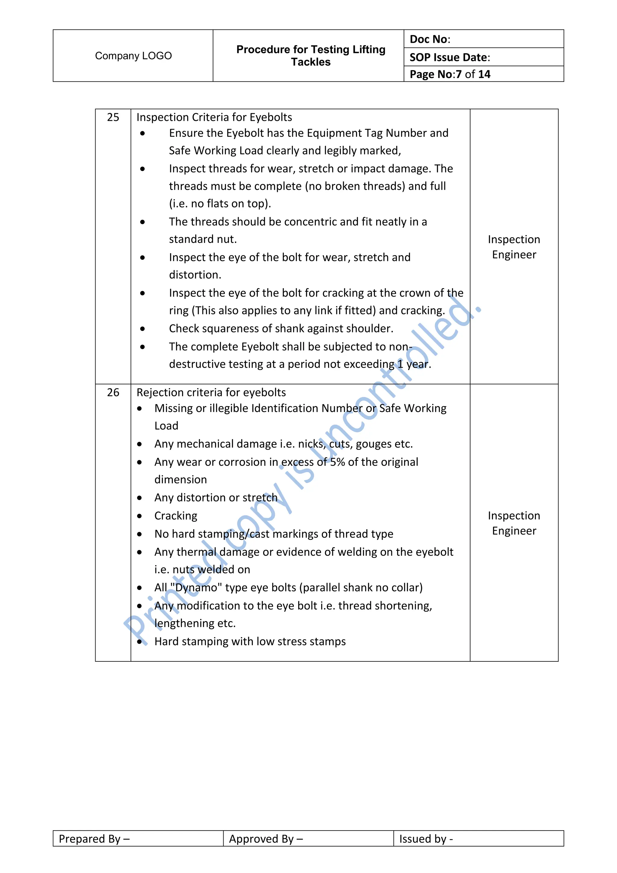 Safety Operating Procedure for Testing Lifting Tackles | DOCX
