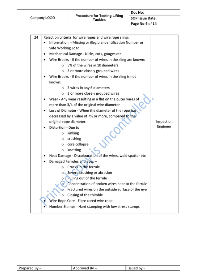Safety Operating Procedure for Testing Lifting Tackles | PDF