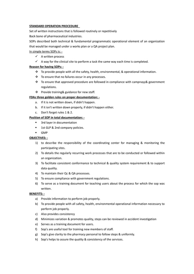 Standard Operation Procedure (SOP) | PDF