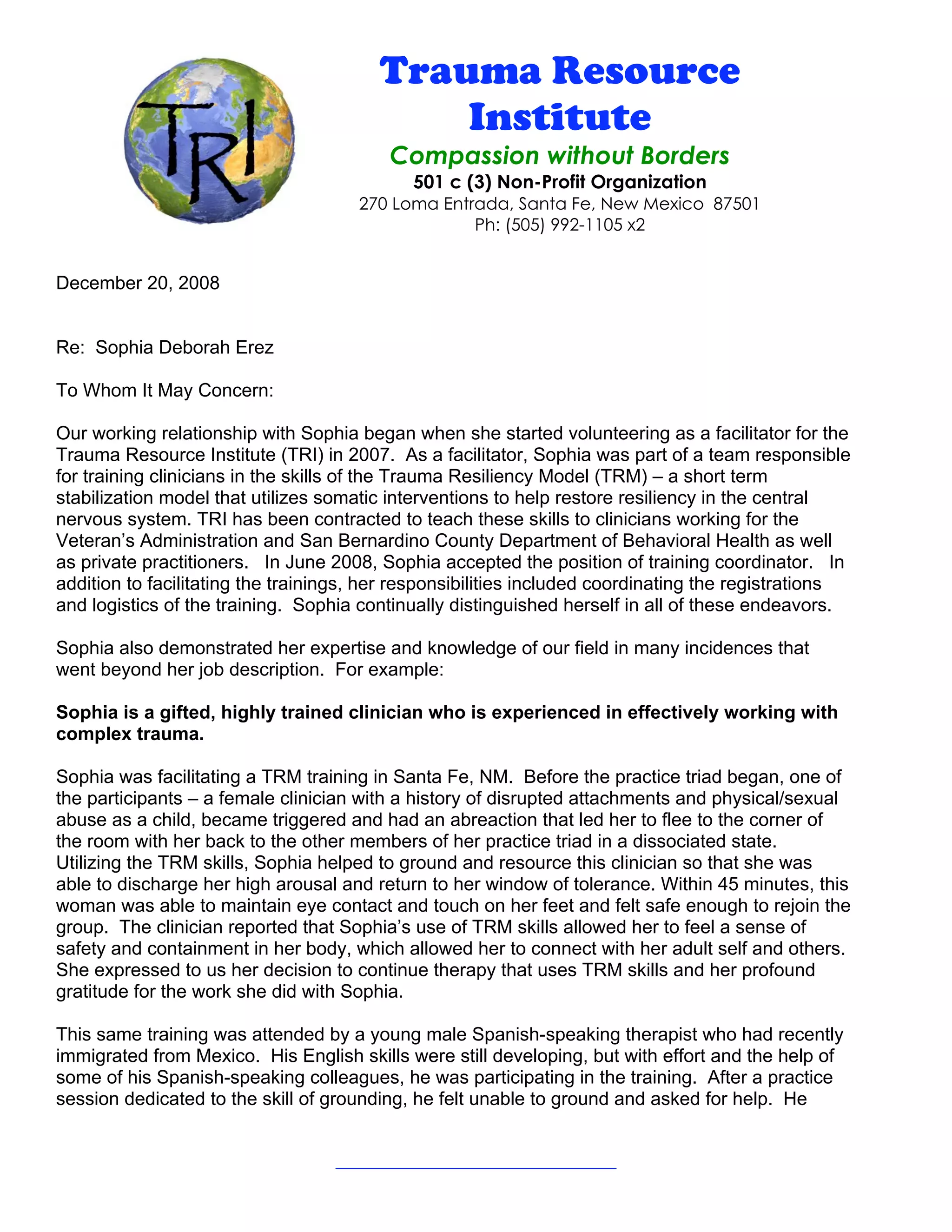 Sophia Erez-TRI Recommendation | PDF