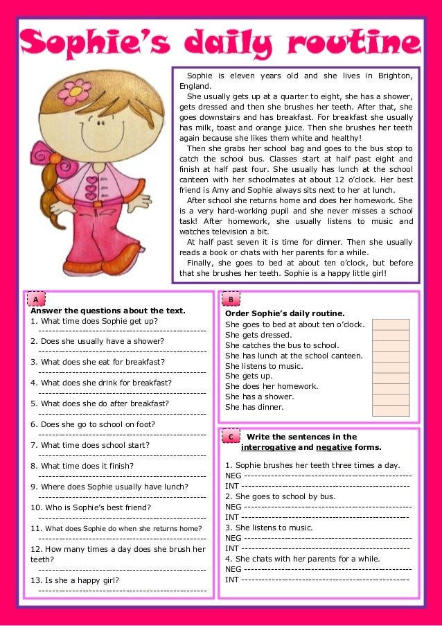 Sophies Daily routine reading comprehension exercises 21729 Sophies Daily routine reading comprehension exercises 21729