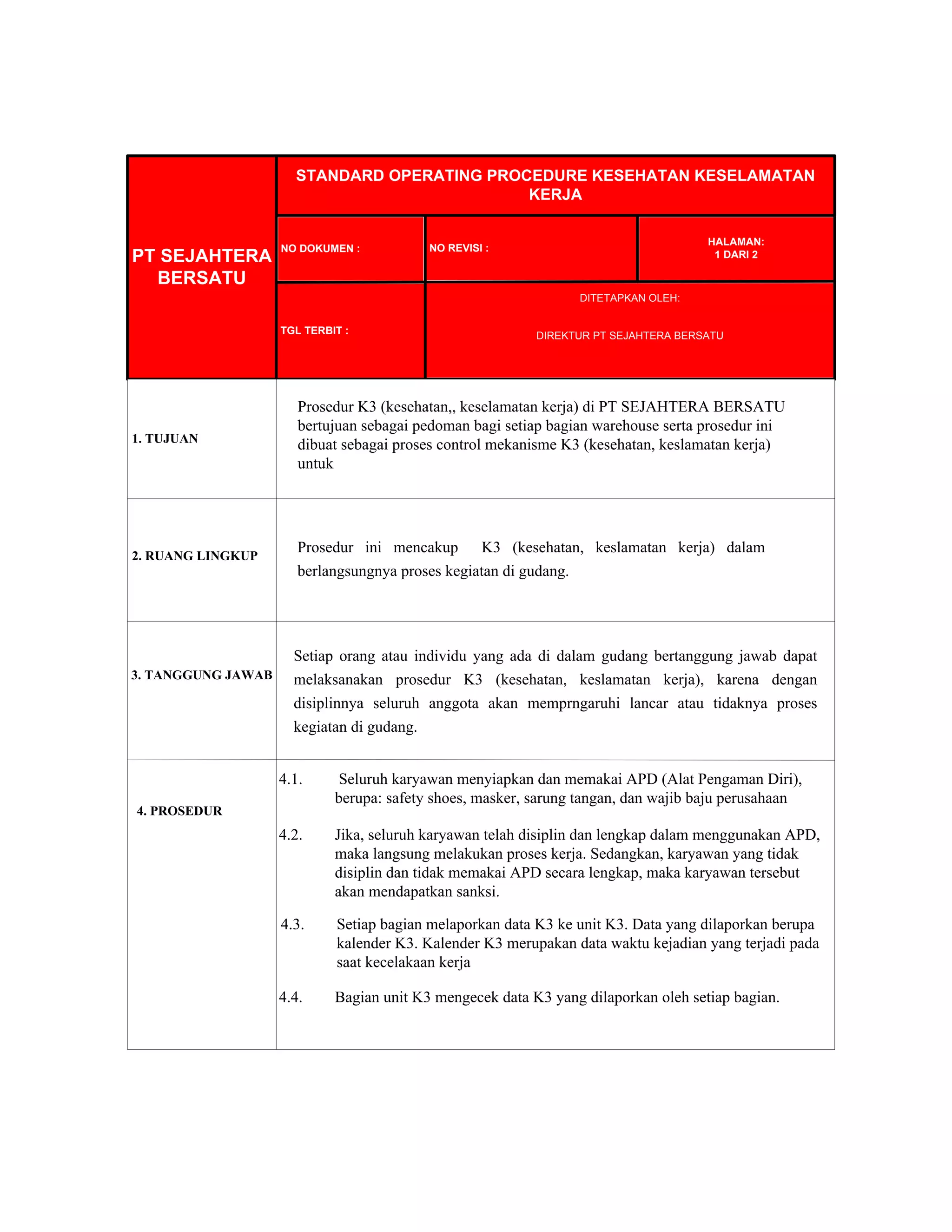 Sop k3 pt sejahtera bersatu | PDF