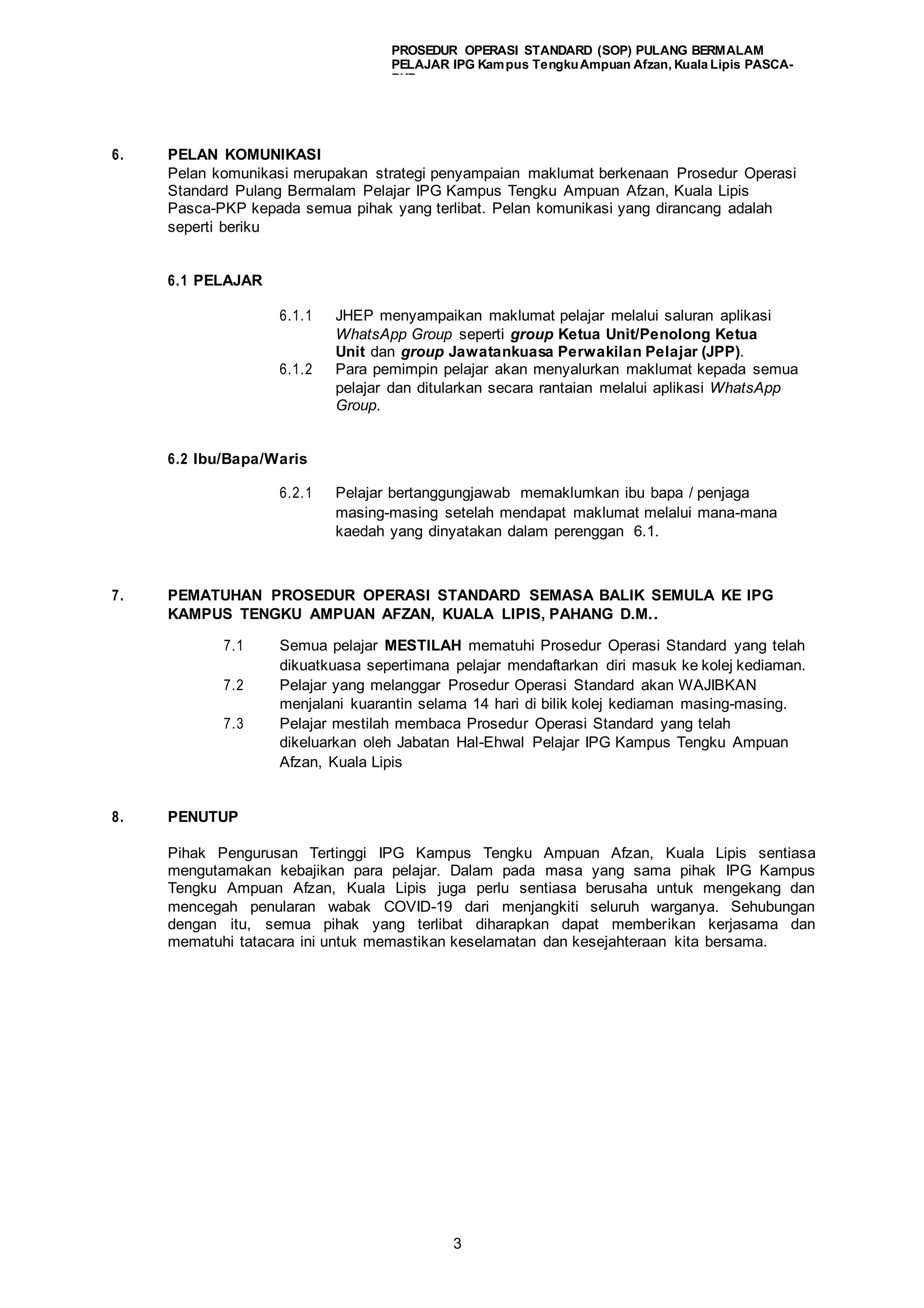 Sop kebenaran balik bercuti semester converted ipgktaa | PDF