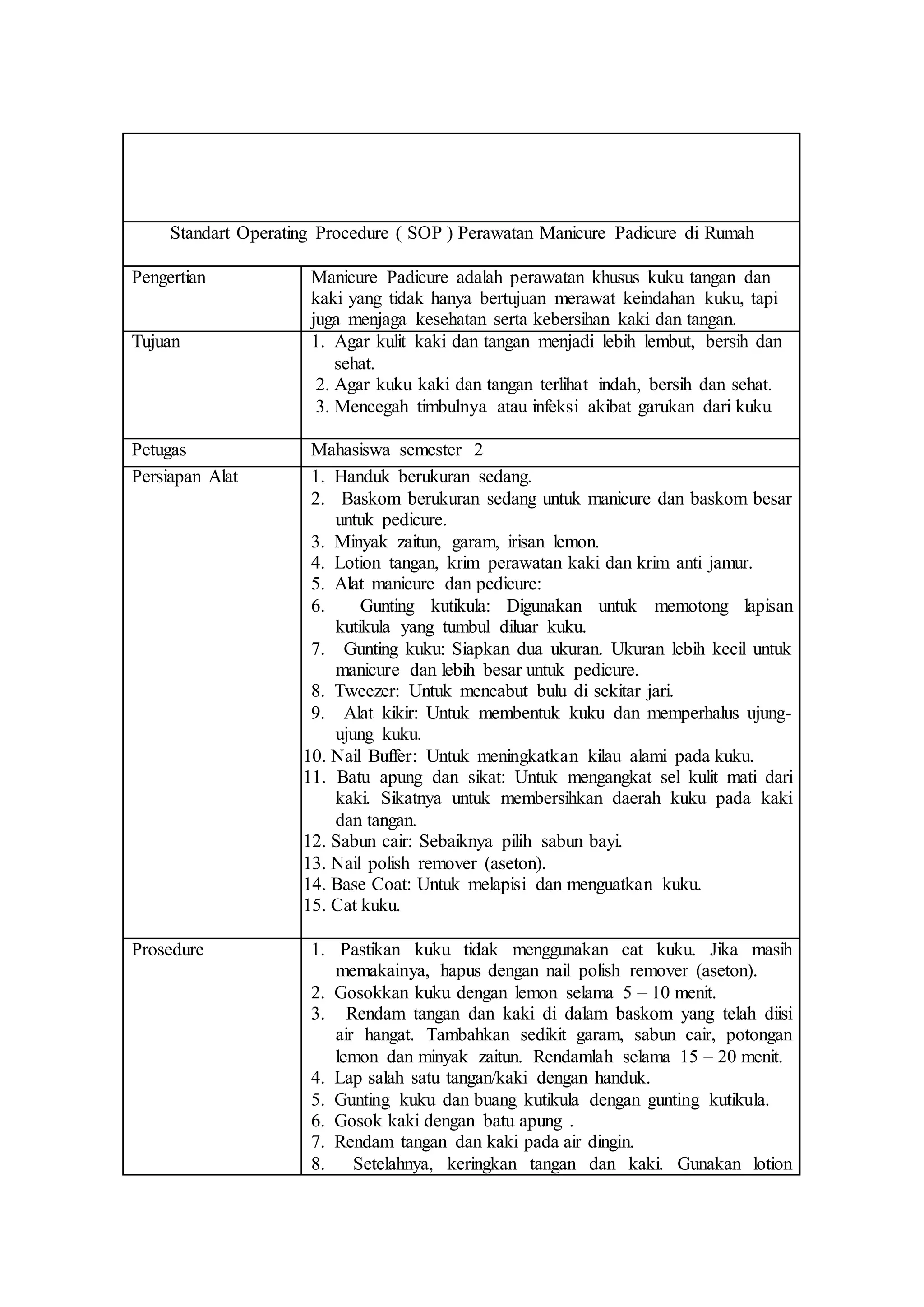 Standart Operating Procedure ( SOP ) Perawatan Manicure Padicure di ...