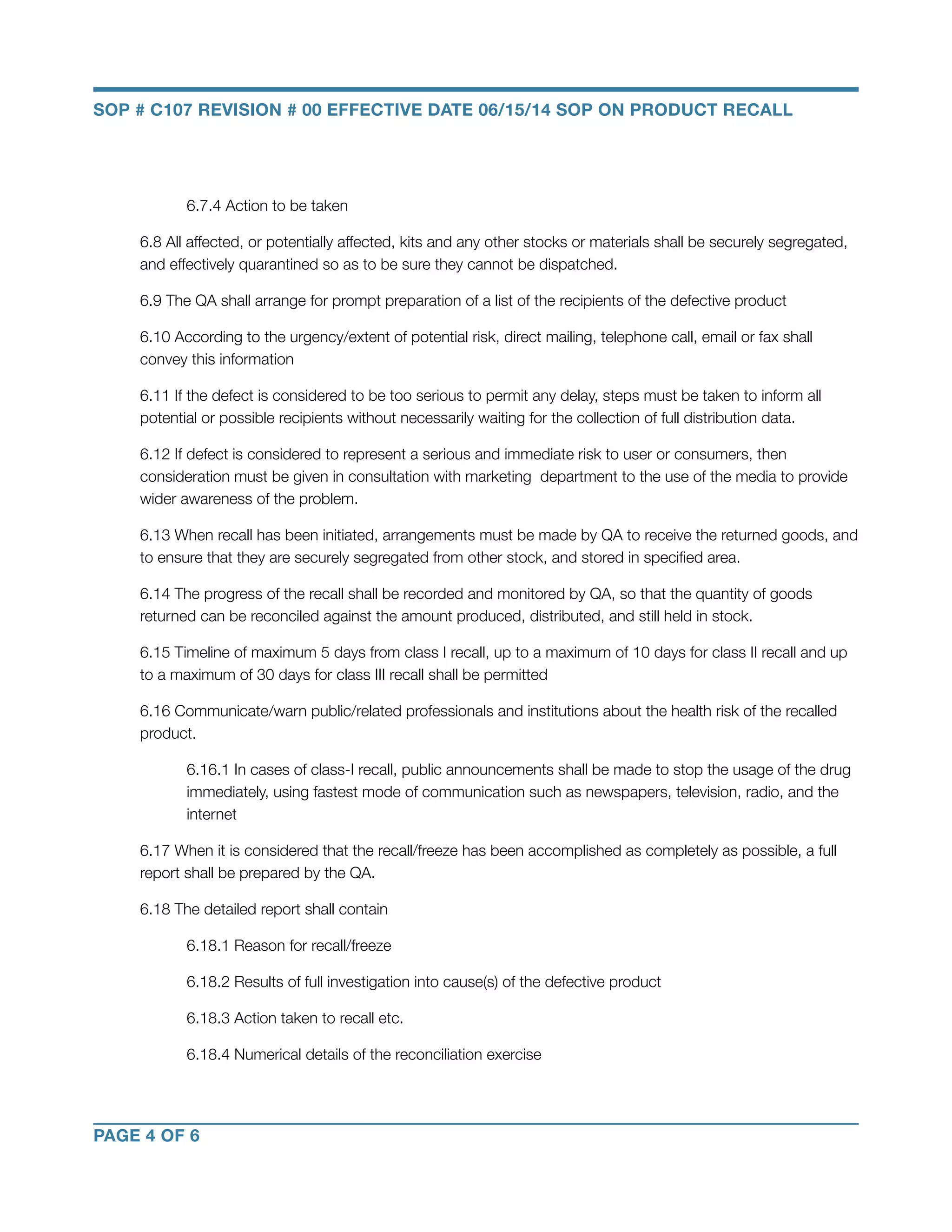 SOP For Product Recall | PDF