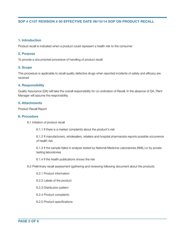 SOP For Product Recall | PDF | Recalls | Consumer Issues