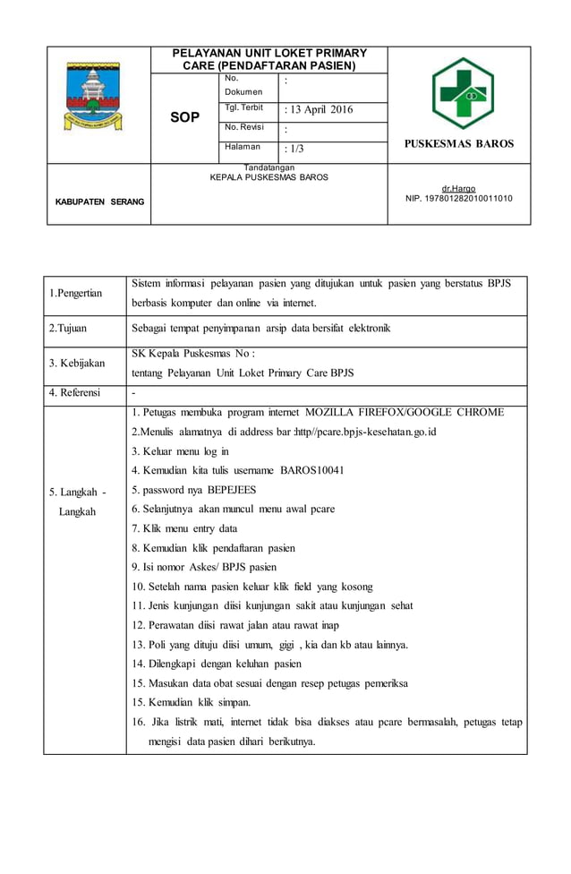 SOP PRIMARY CARE BPJS | DOCX