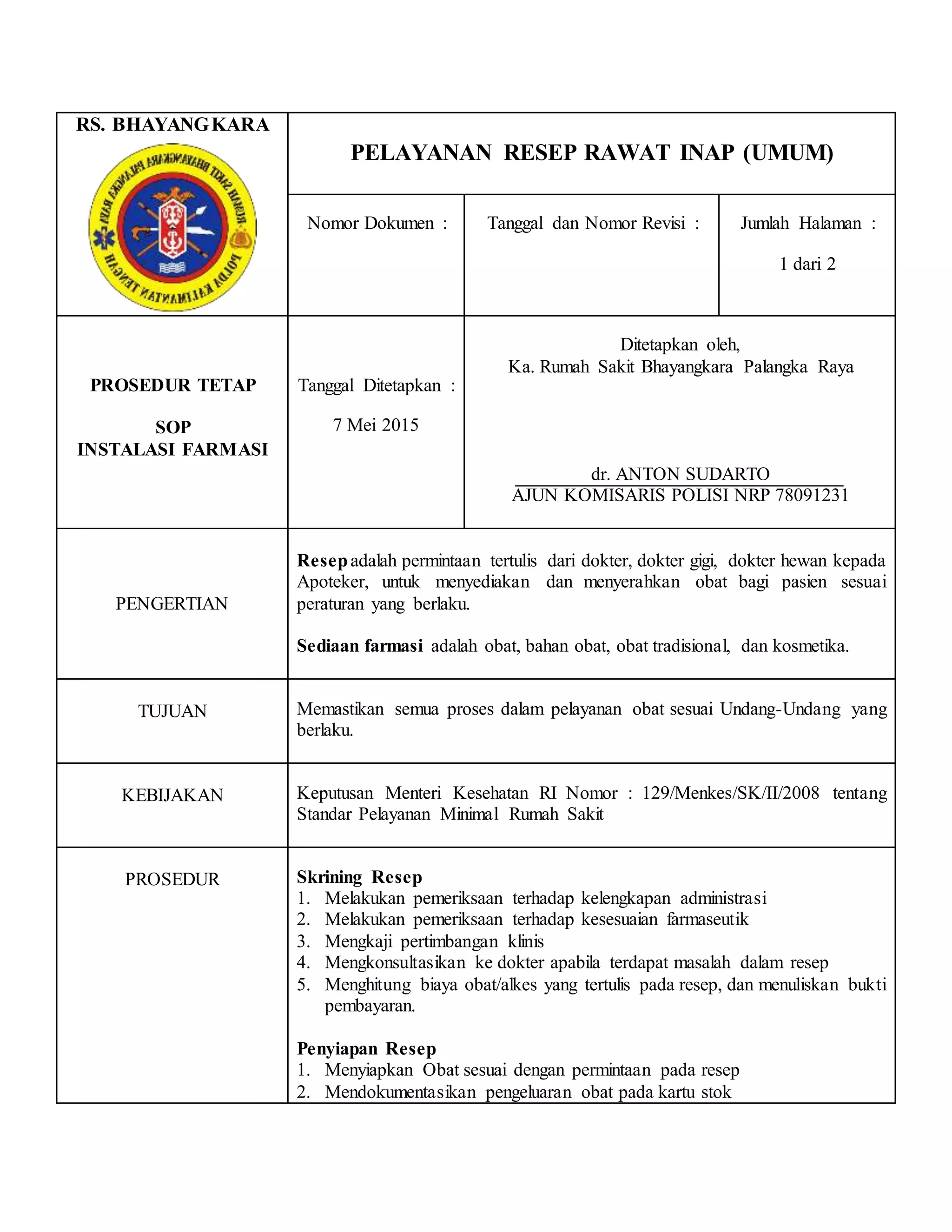 Sop pelayanan resep rawat inap | DOCX