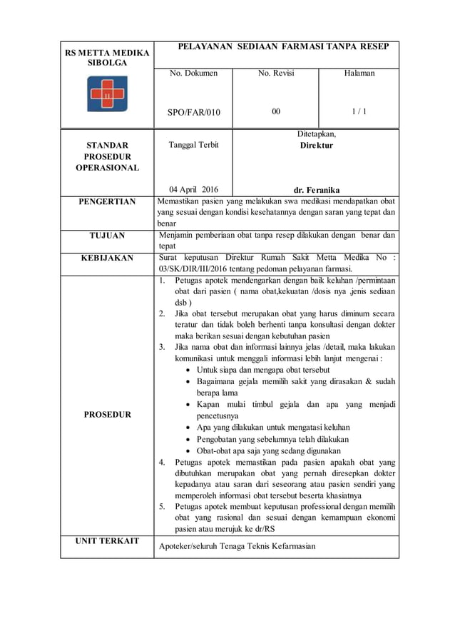 Sop pelayanan sediaan farmasi tanpa resep | DOC