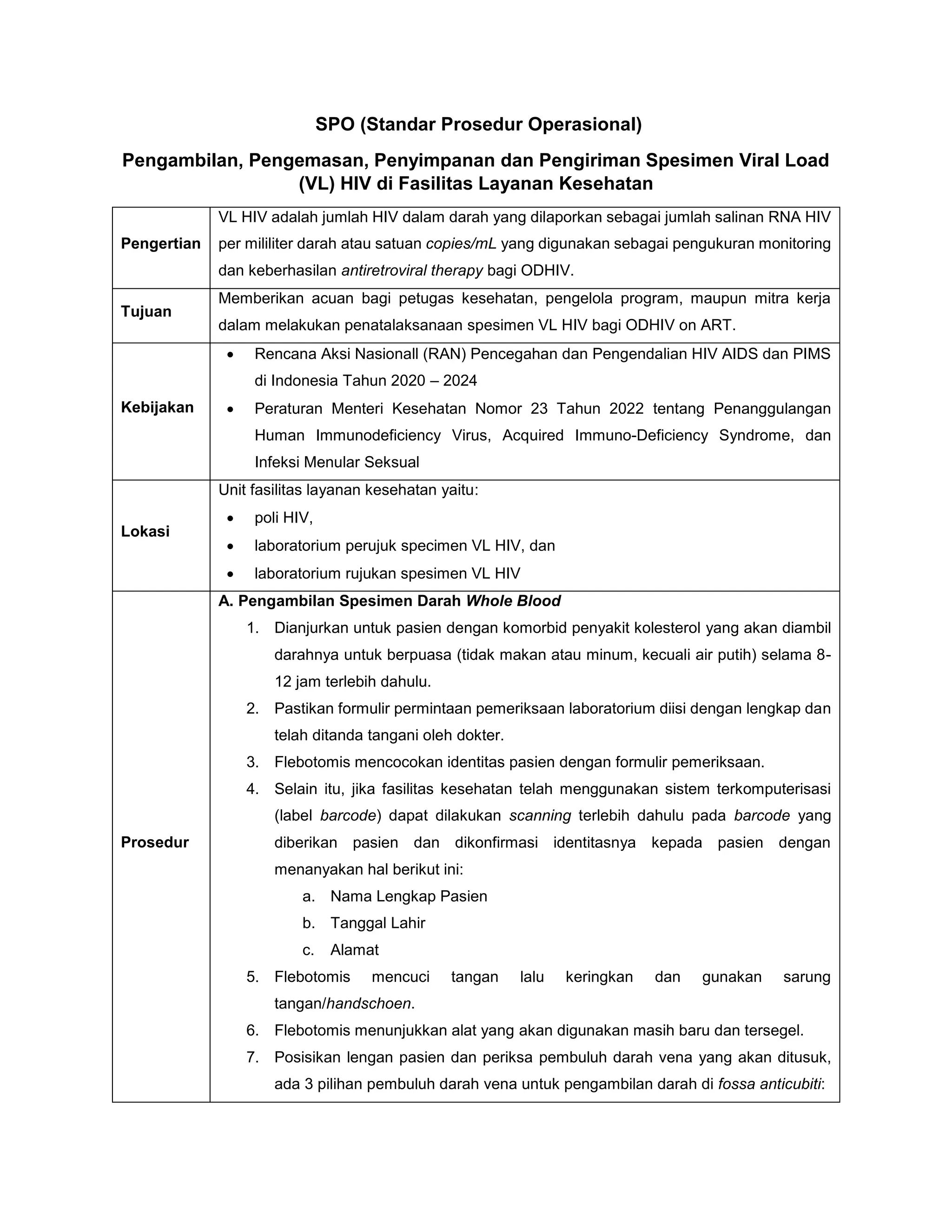 SOP Pengambilan, Pengemasan, Penyimpanan dan Pengiriman Spesimen Viral Load (VL) HIV di ...