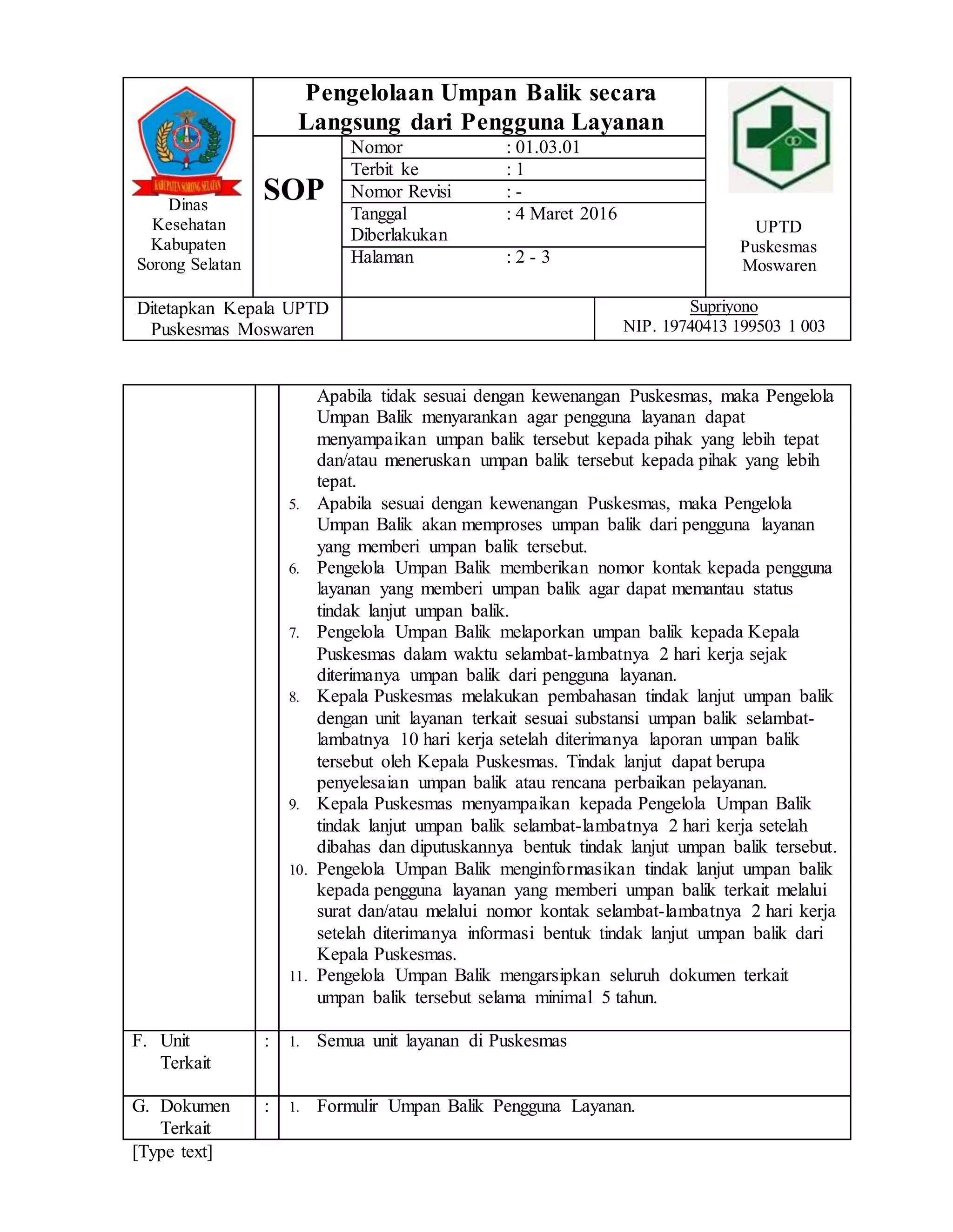 Sop pengelolaan umpan balik secara langsung dari pengguna layanan | PDF