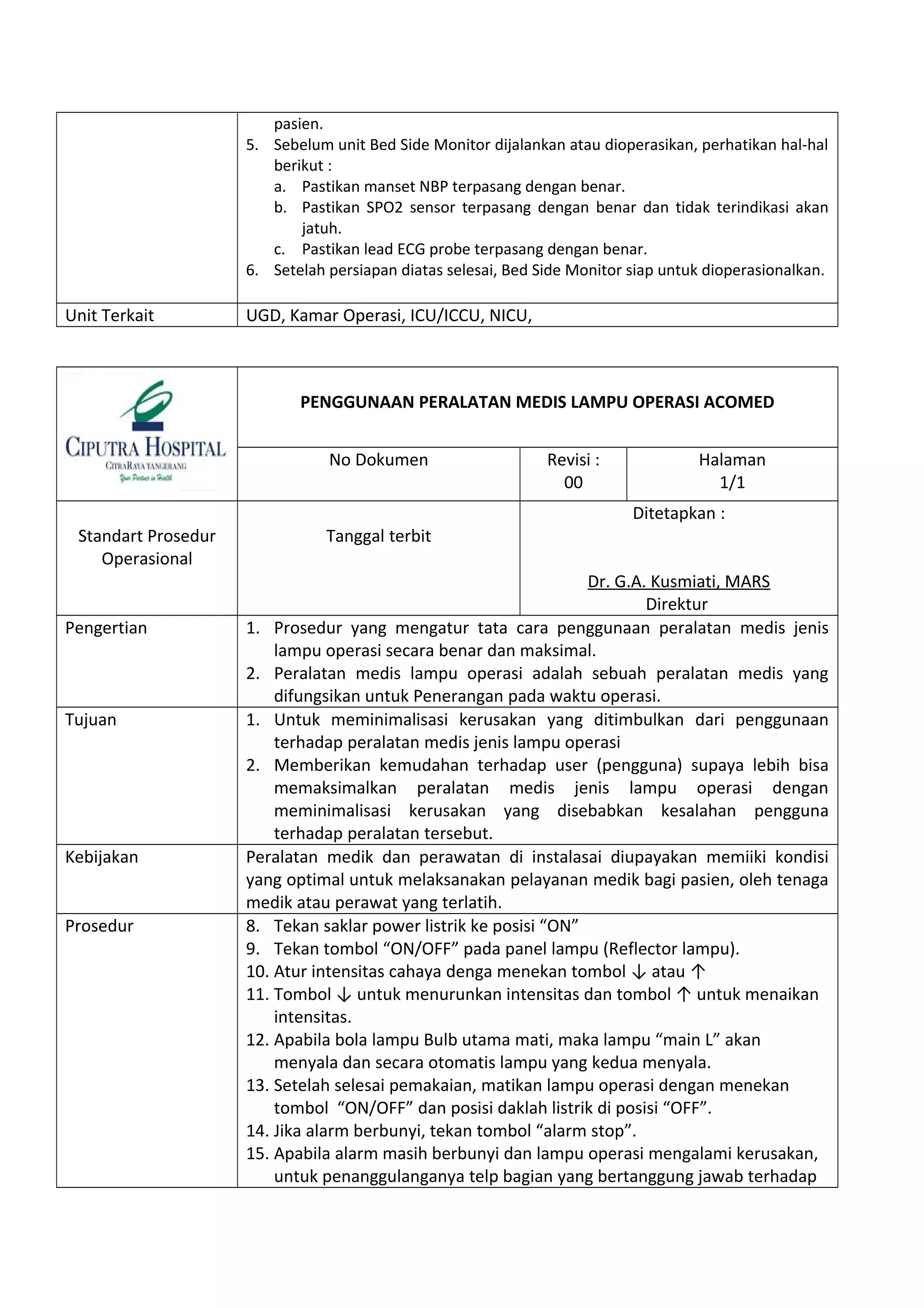 Sop pengoperasian alat medis | DOC