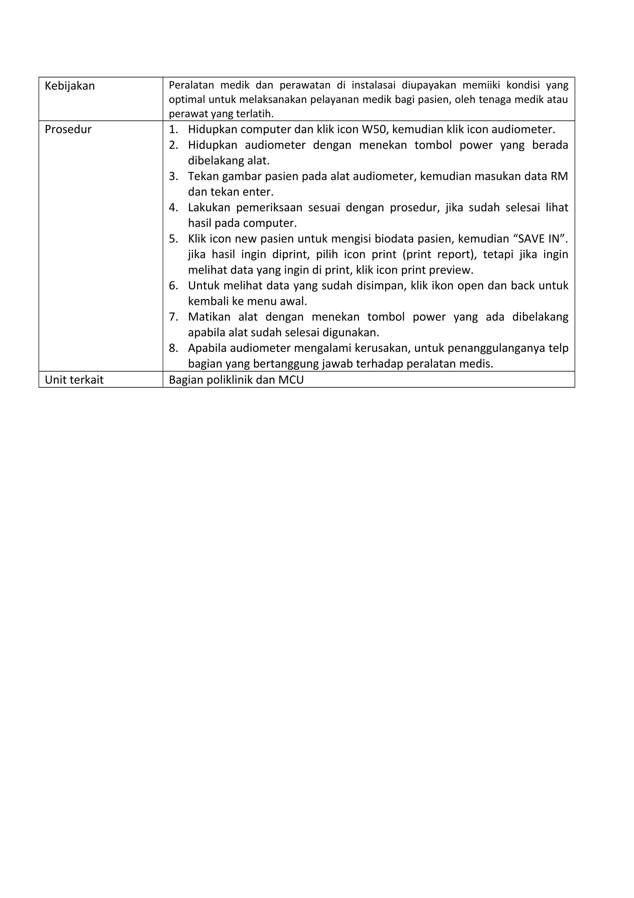 Sop pengoperasian alat medis | DOC