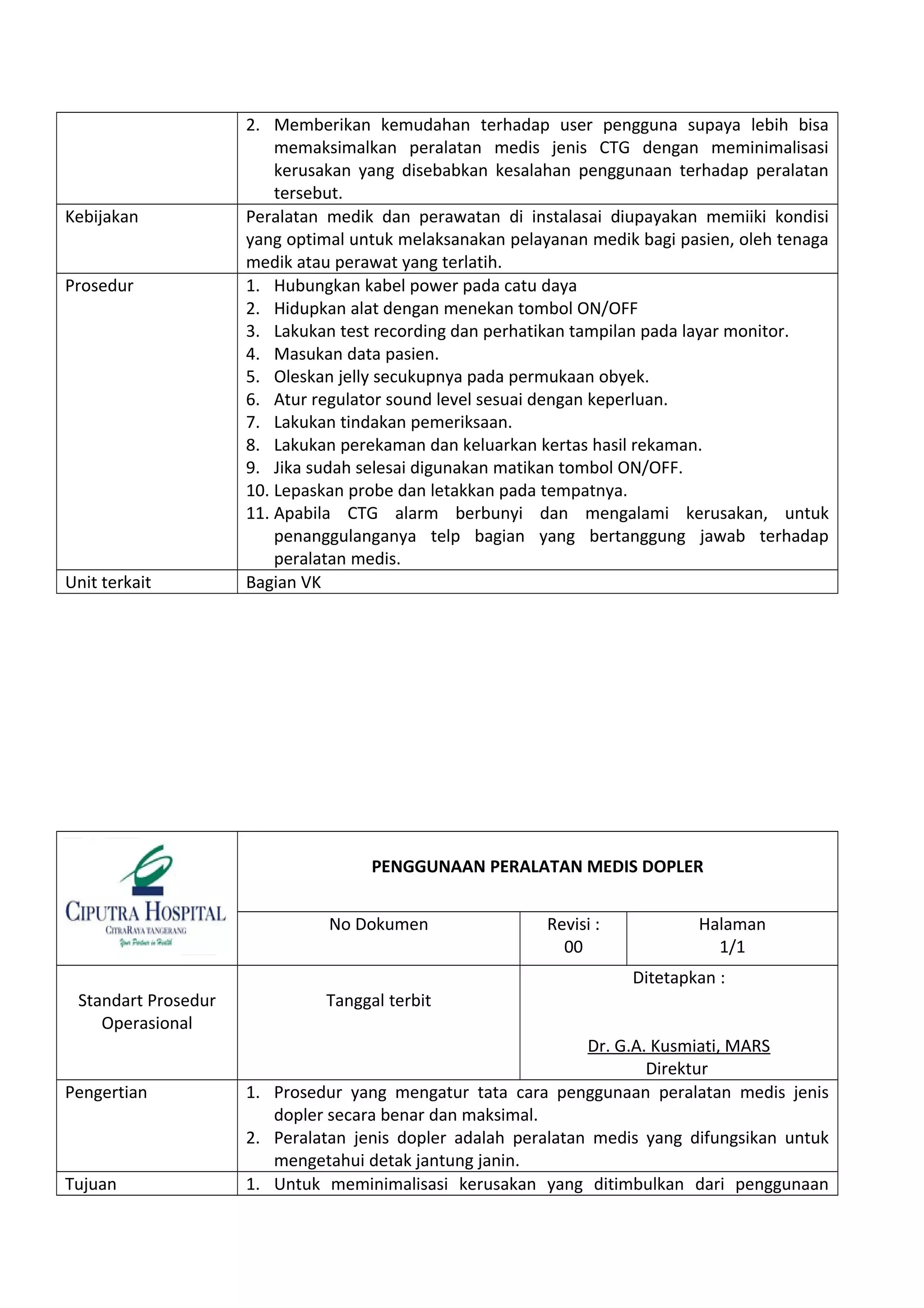 Sop pengoperasian alat medis | DOC