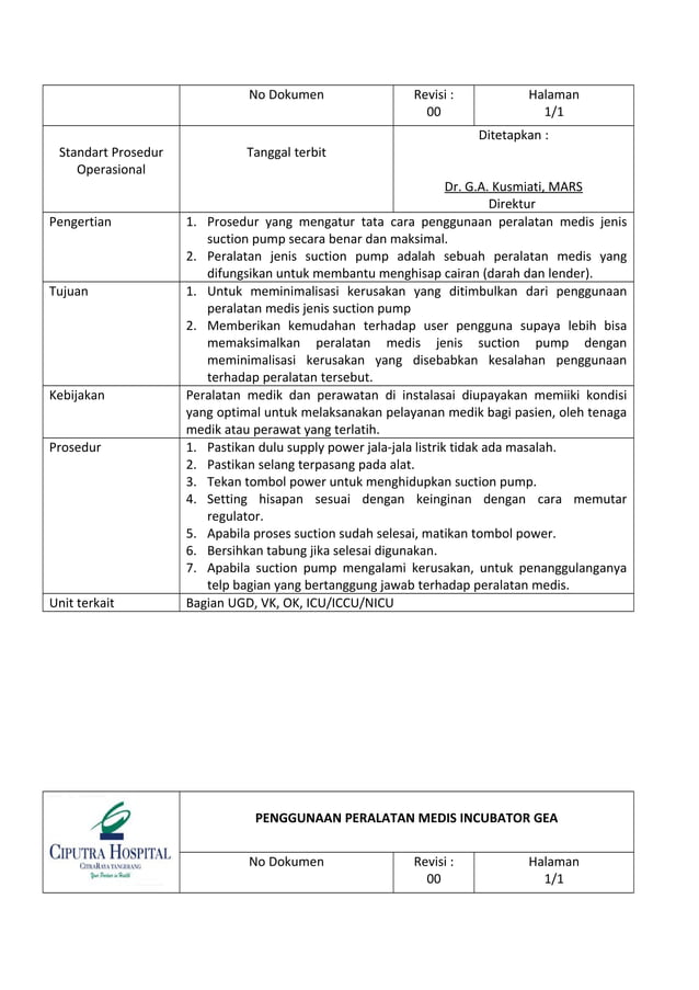Sop pengoperasian alat medis | DOC