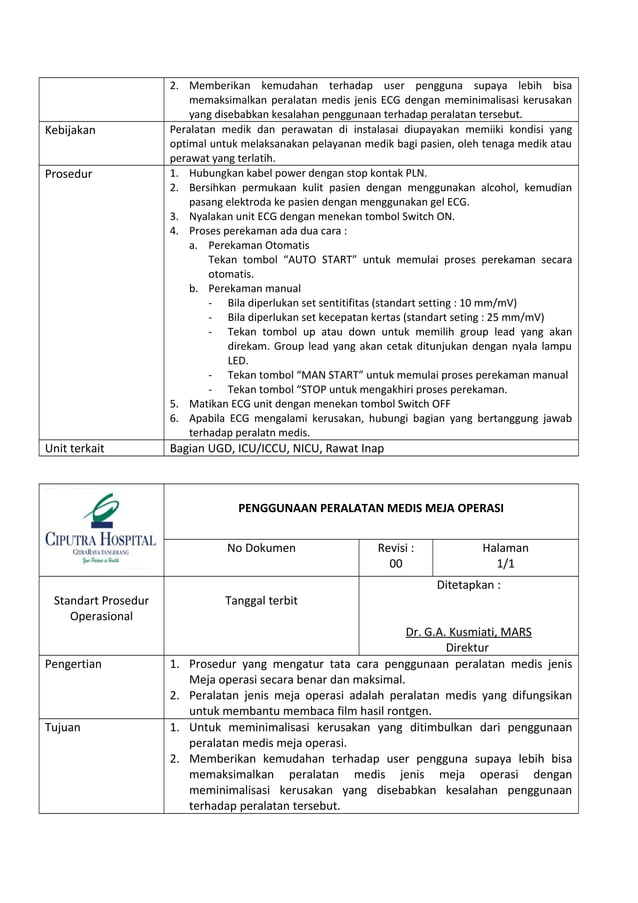 Sop pengoperasian alat medis | DOC
