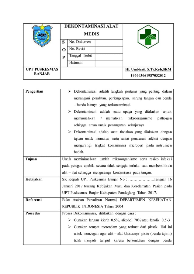 Sop pkm b dekontaminasi alat medis | DOCX