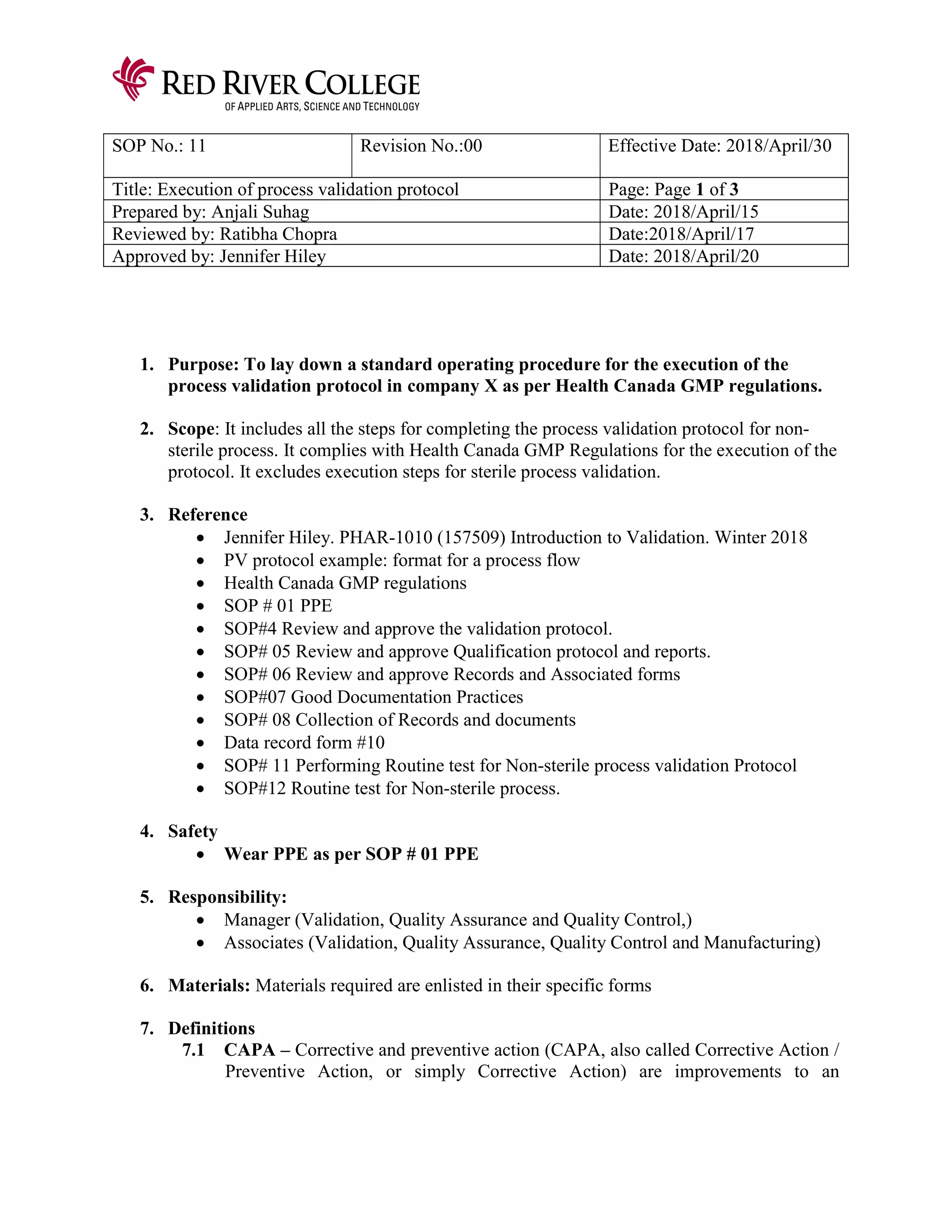 Sop Process Validation Protocol Execution Pdf