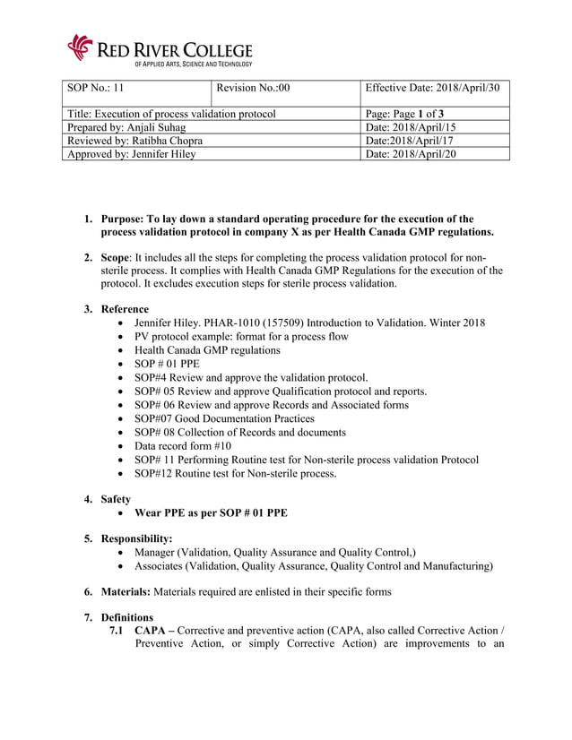 Sop Process validation protocol execution