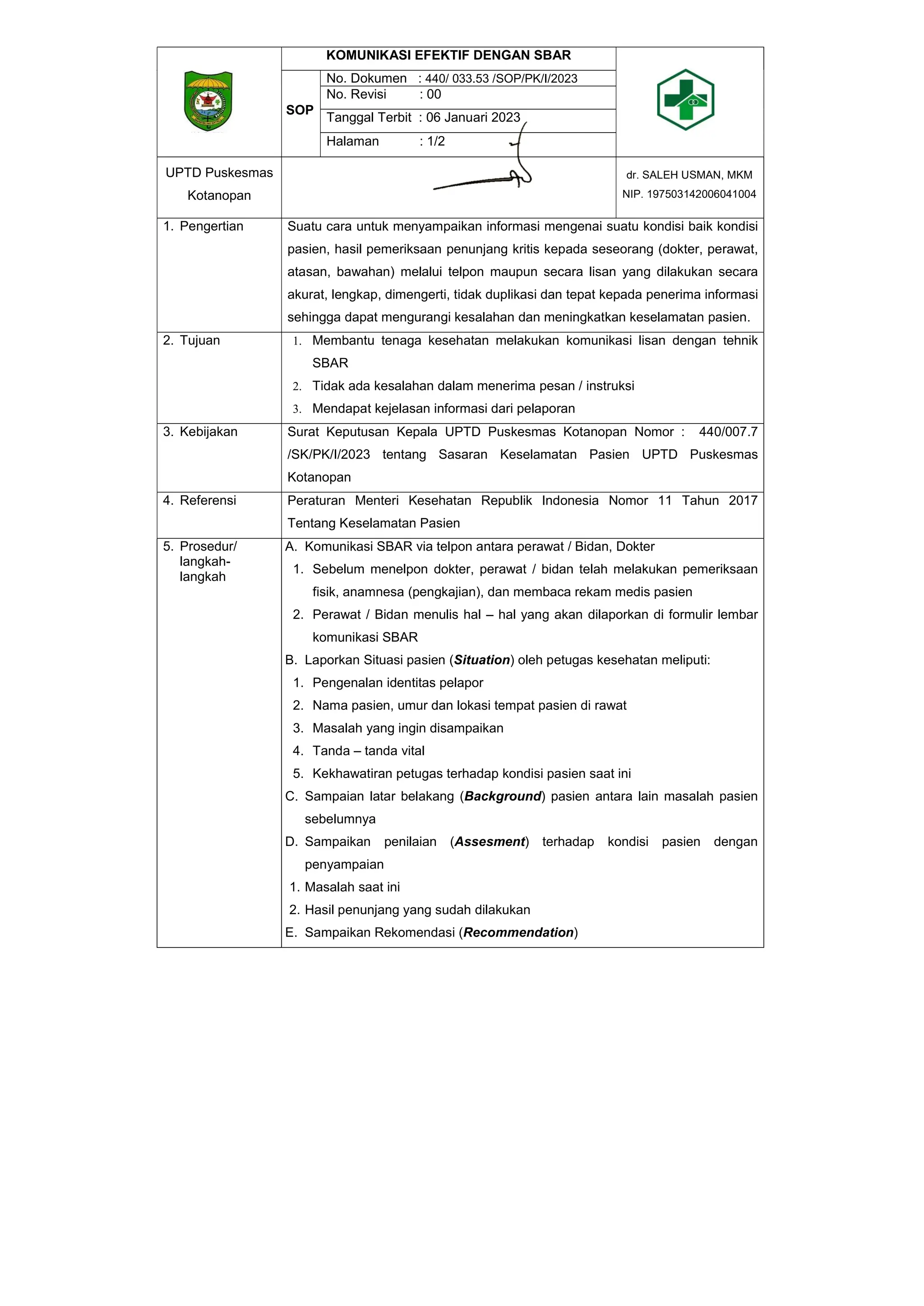 SOP SBAR. pdf dipuskesmas rawat inap sekarang | PDF