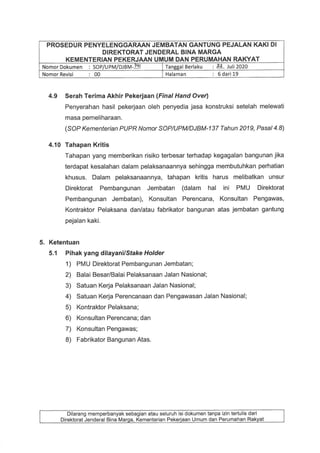 SOP/UPM/DJBM-141 PROSEDUR PENYELENGGARAAN JEMBATAN GANTUNG PEJALAN KAKI DI DIREKTORAT JENDERAL ...