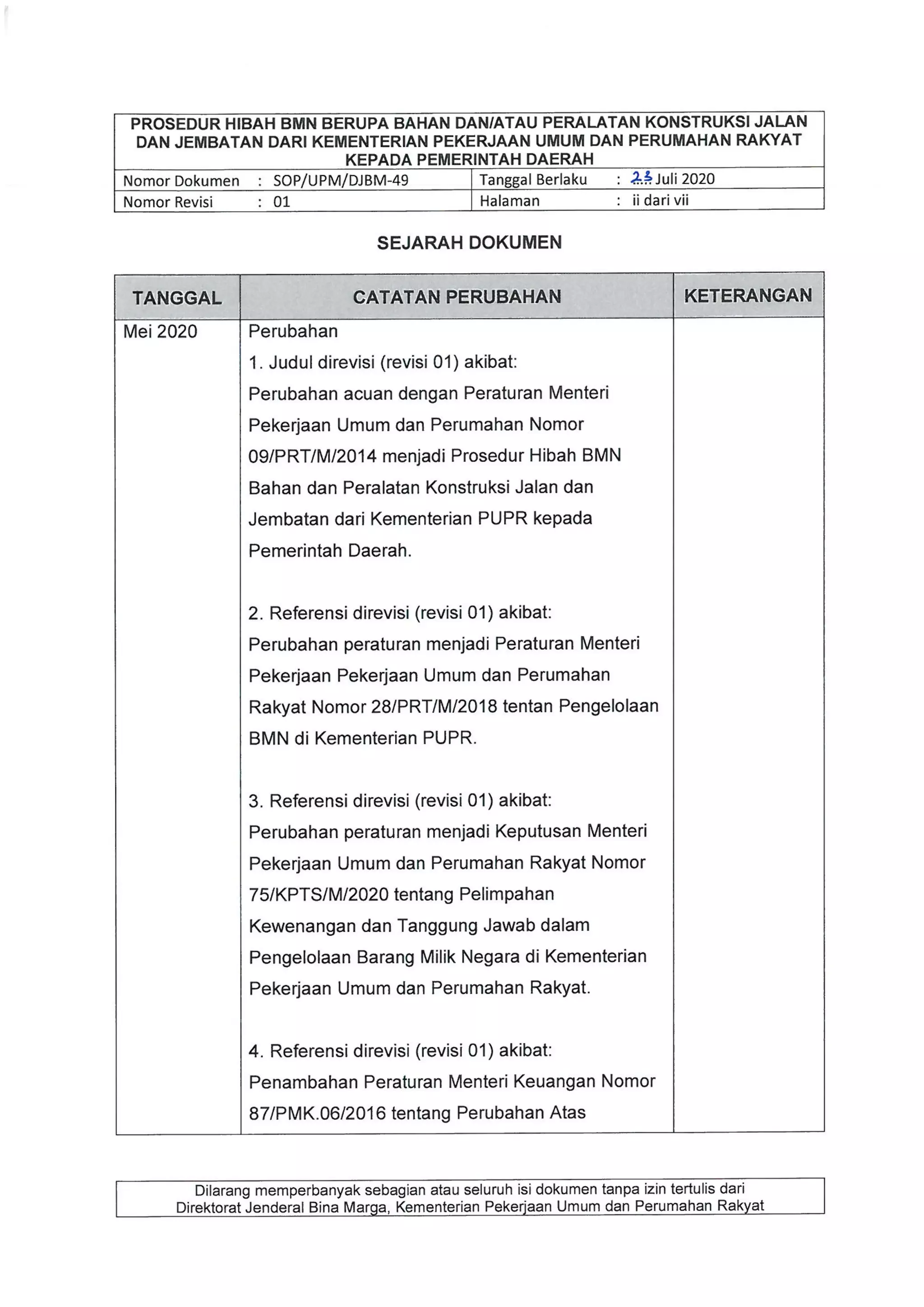 SOP/UPM/DJBM-49 Prosedur Hibah BMN Berupa Bahan dan/atau Peralatan Konstruksi Jalan dan Jembatan ...