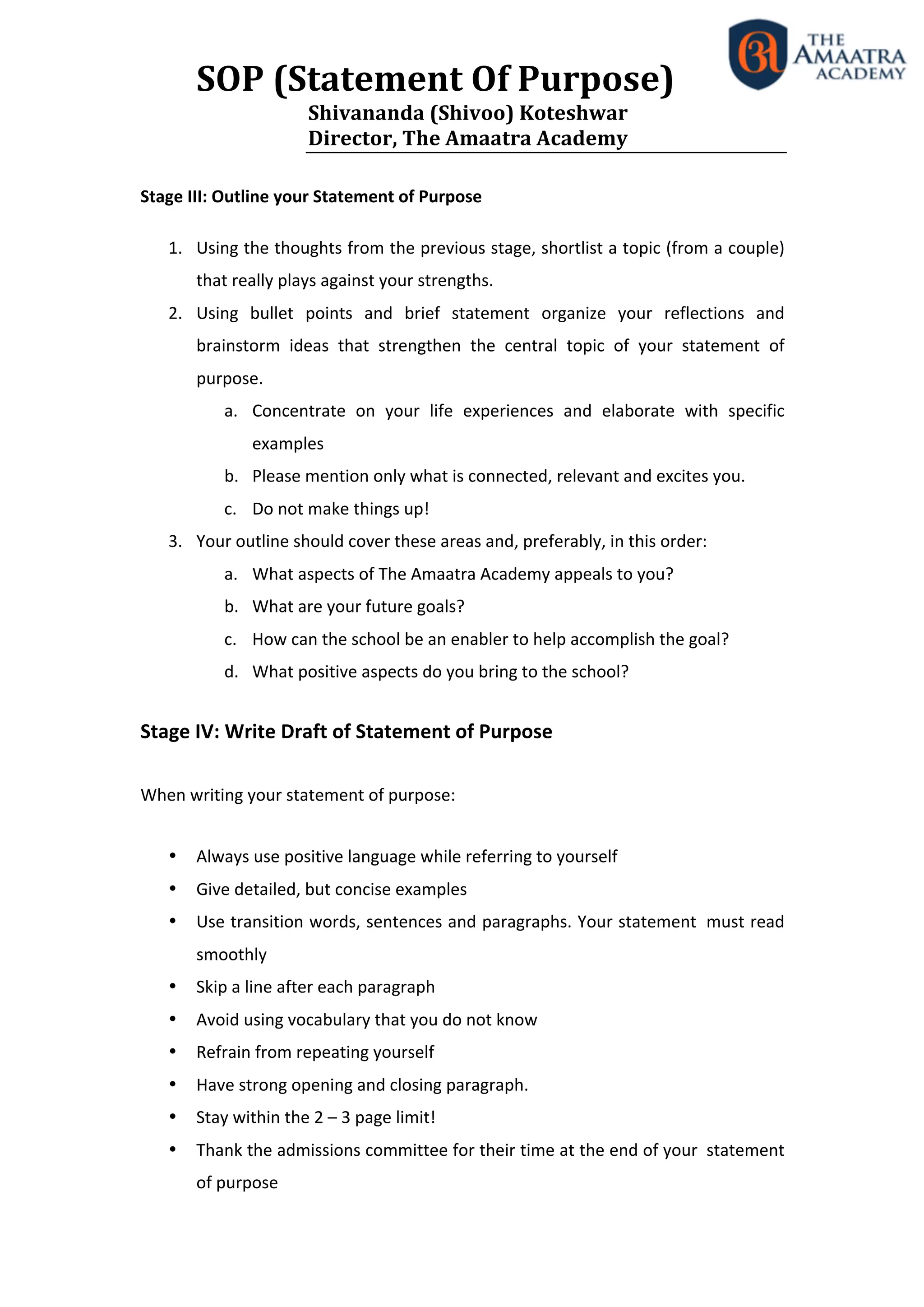 SOP - Statement of Purpose writing guidelines for Admission | PDF ...